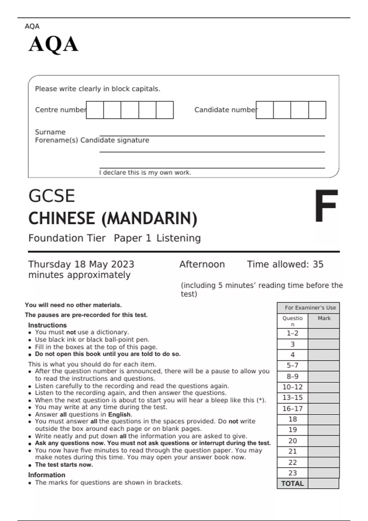 AQA GCSE CHINESE (MANDARIN) Foundation Tier Paper 1 MAY 2023 QUESTION ...