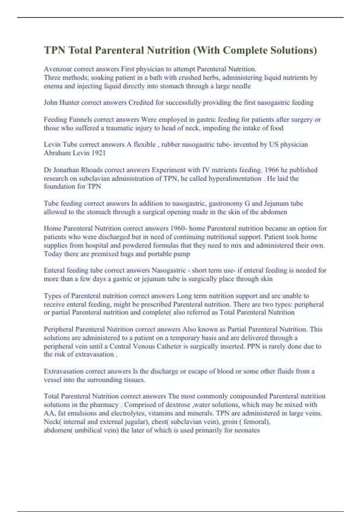 TPN Total Parenteral Nutrition (With Complete Solutions) - Stuvia US