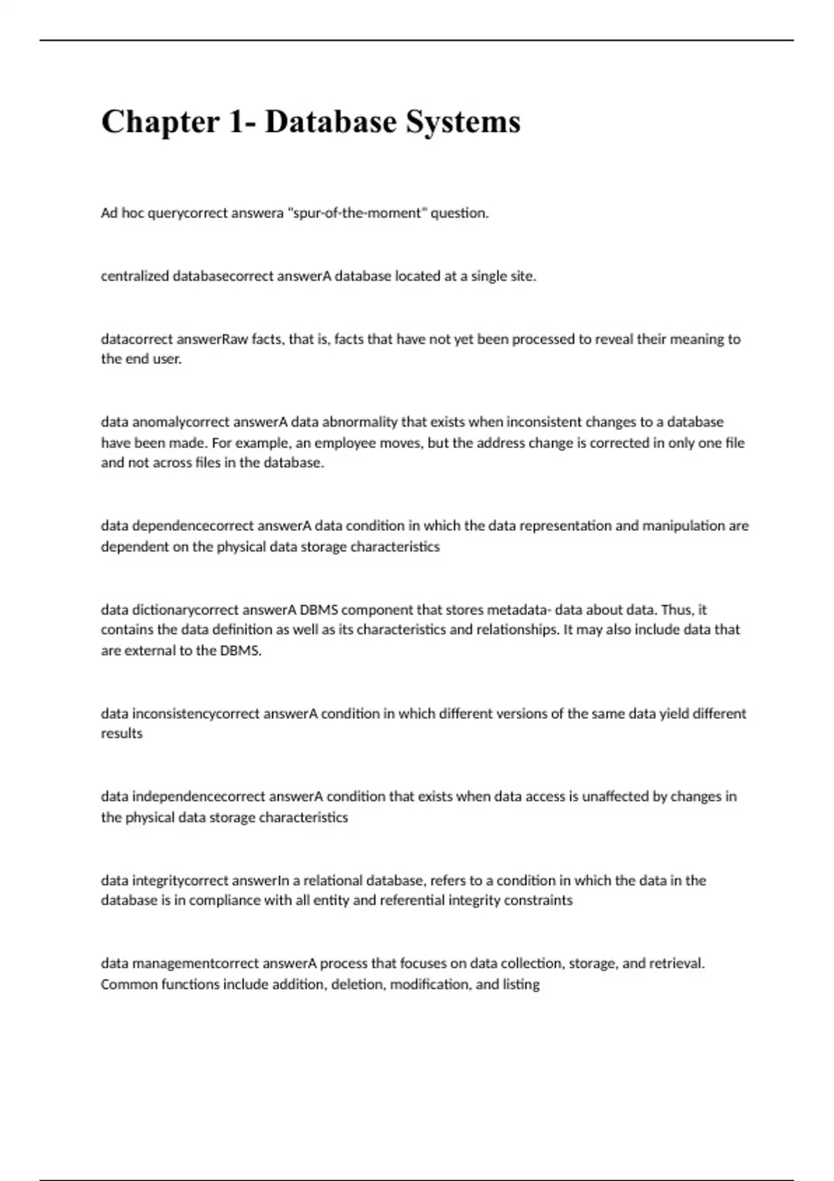 Chapter 1- Database Systems practice questions with correct answers - Database Systems - Stuvia US