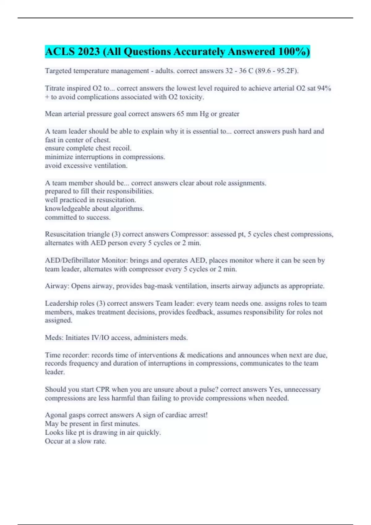 ACLS 2023 (All Questions Accurately Answered 100%) - ACLS - Stuvia US