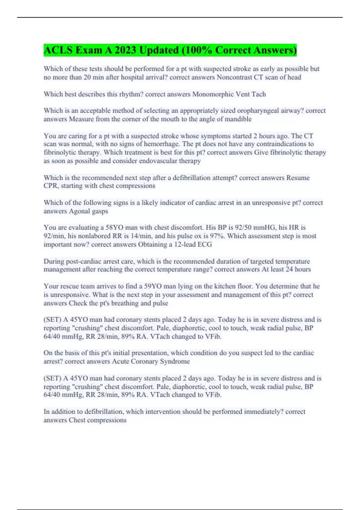 ACLS Exam A 2023 Updated (100% Correct Answers) - ACLS - Stuvia US