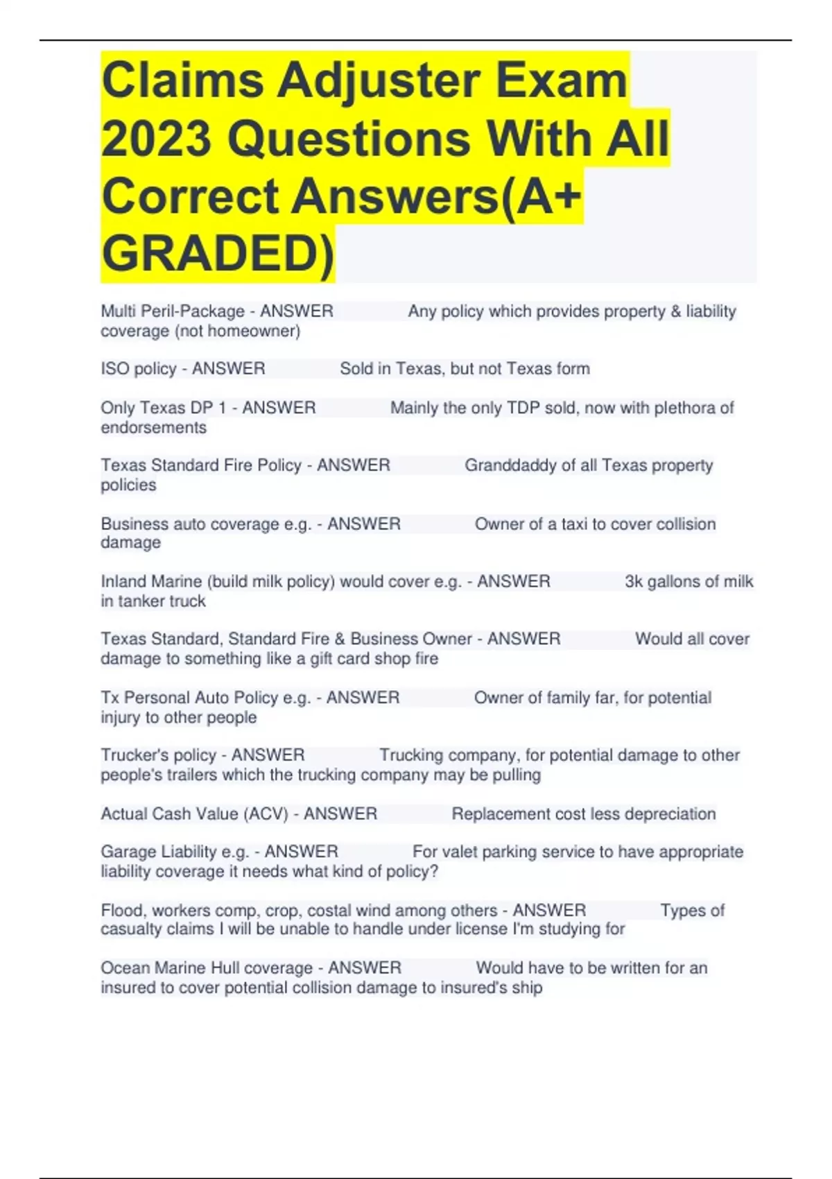 Claims Adjuster Exam 2023 Questions With All Correct Answers(A+ GRADED ...