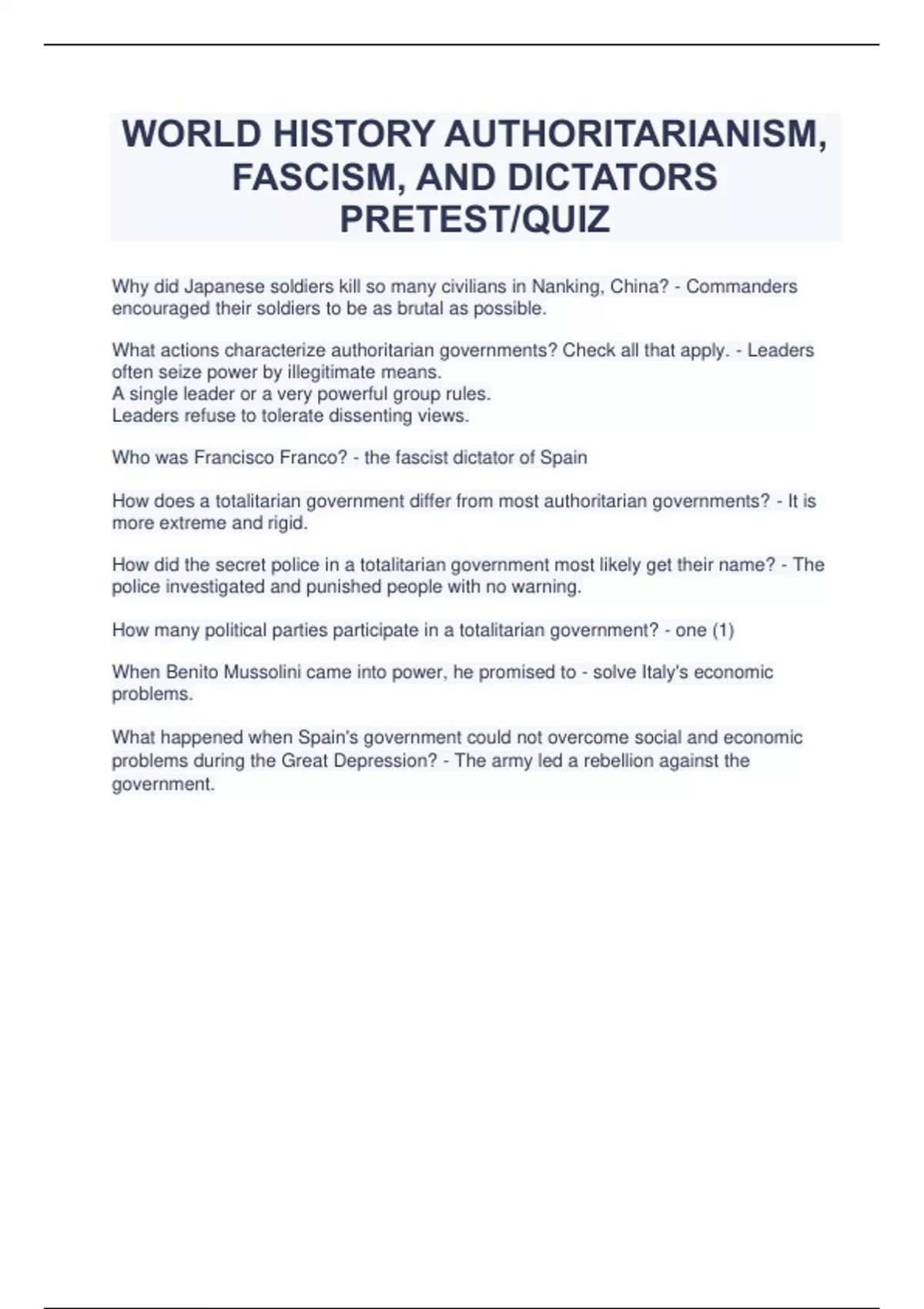WORLD HISTORY AUTHORITARIANISM, FASCISM, AND DICTATORS PRETEST/QUIZ ...