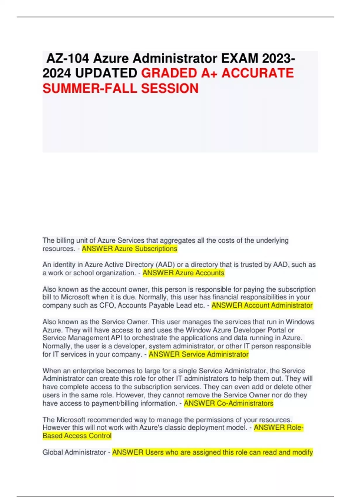 AZ-104 Azure Administrator EXAM UPDATED GRADED A+ ACCURATE SUMMER-FALL ...