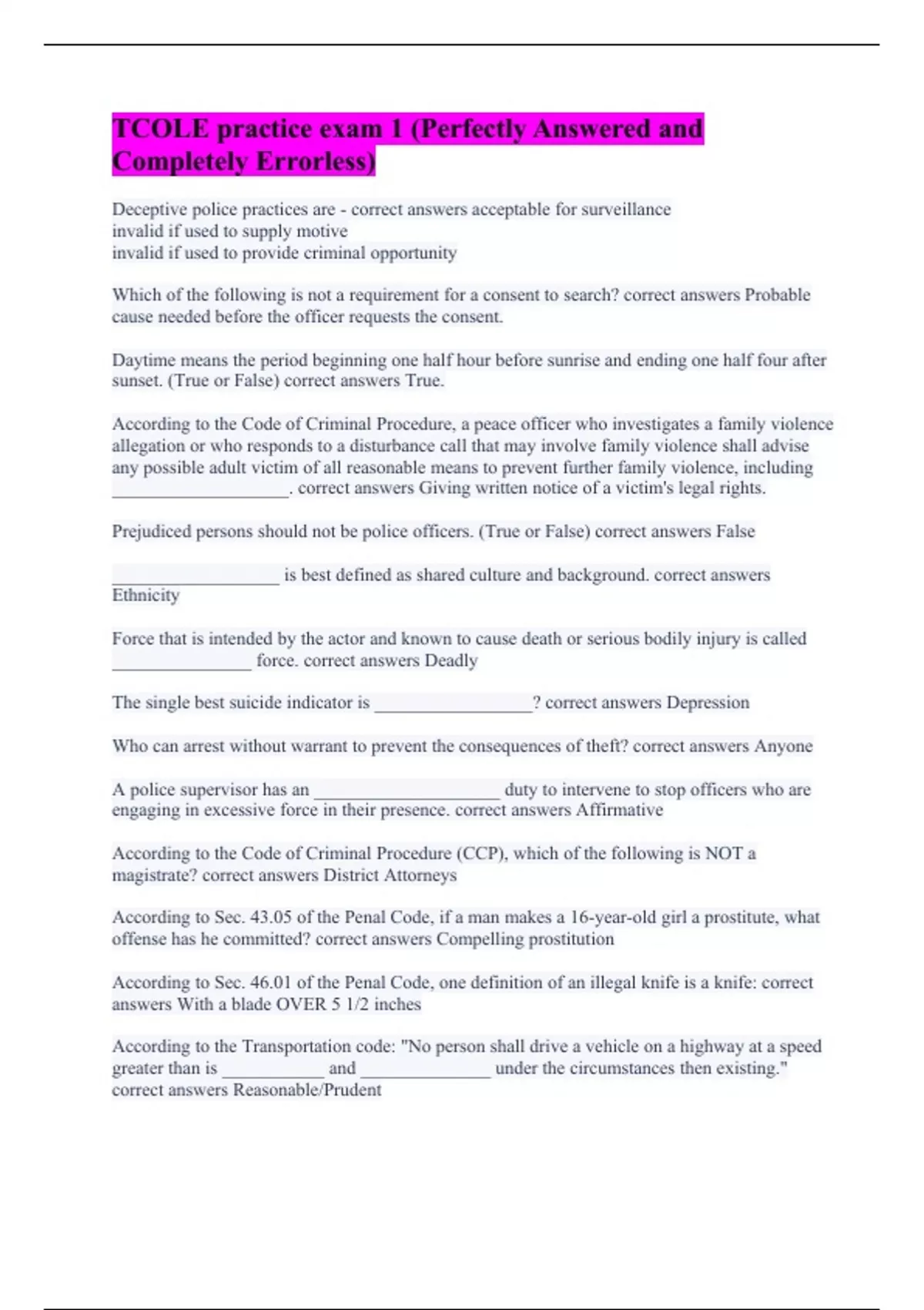 TCOLE practice exam 1 (Perfectly Answered and Completely Errorless ...