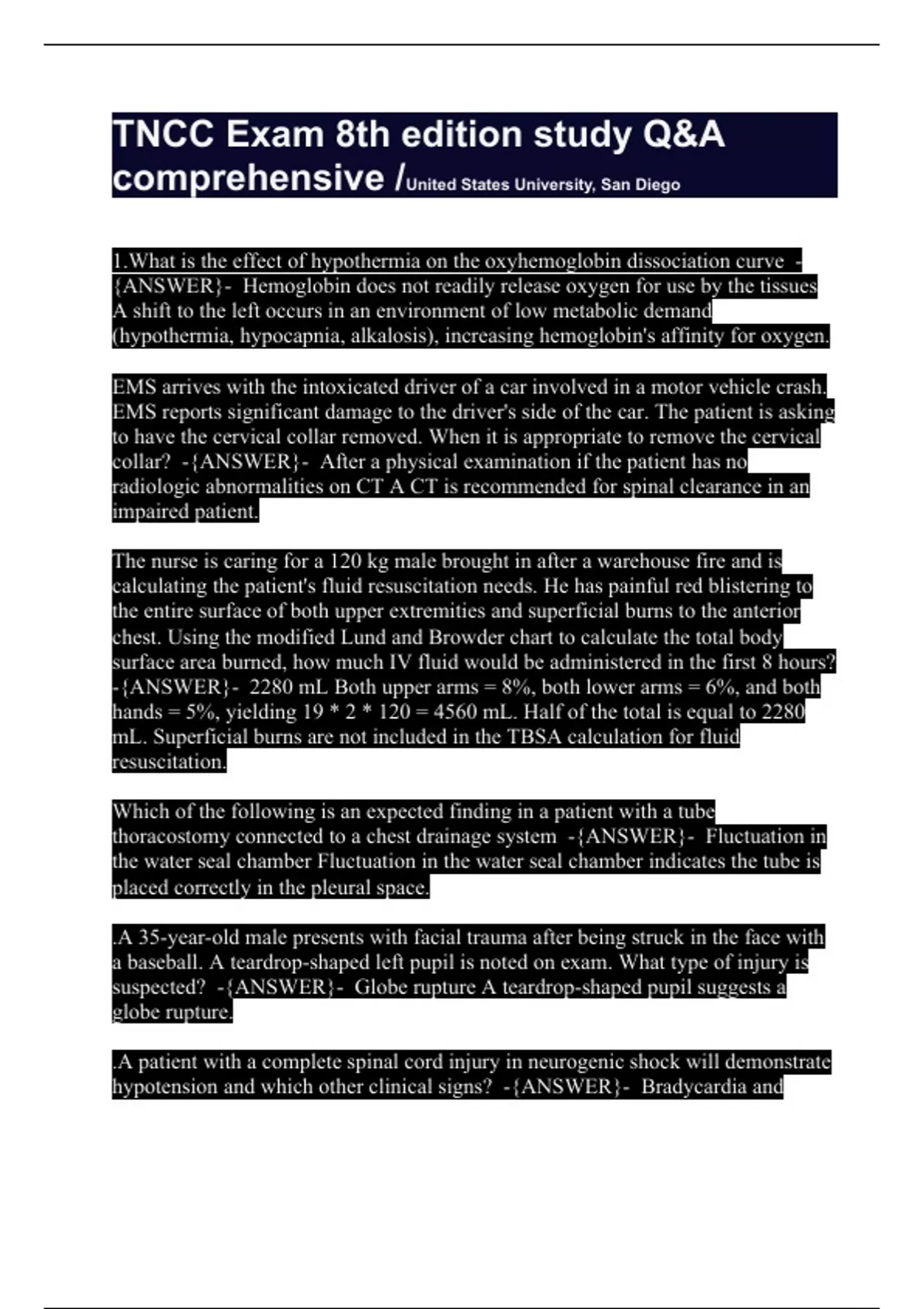 TNCC 8th Edition 10 principal review questions and answers 2022 - TNCC ...