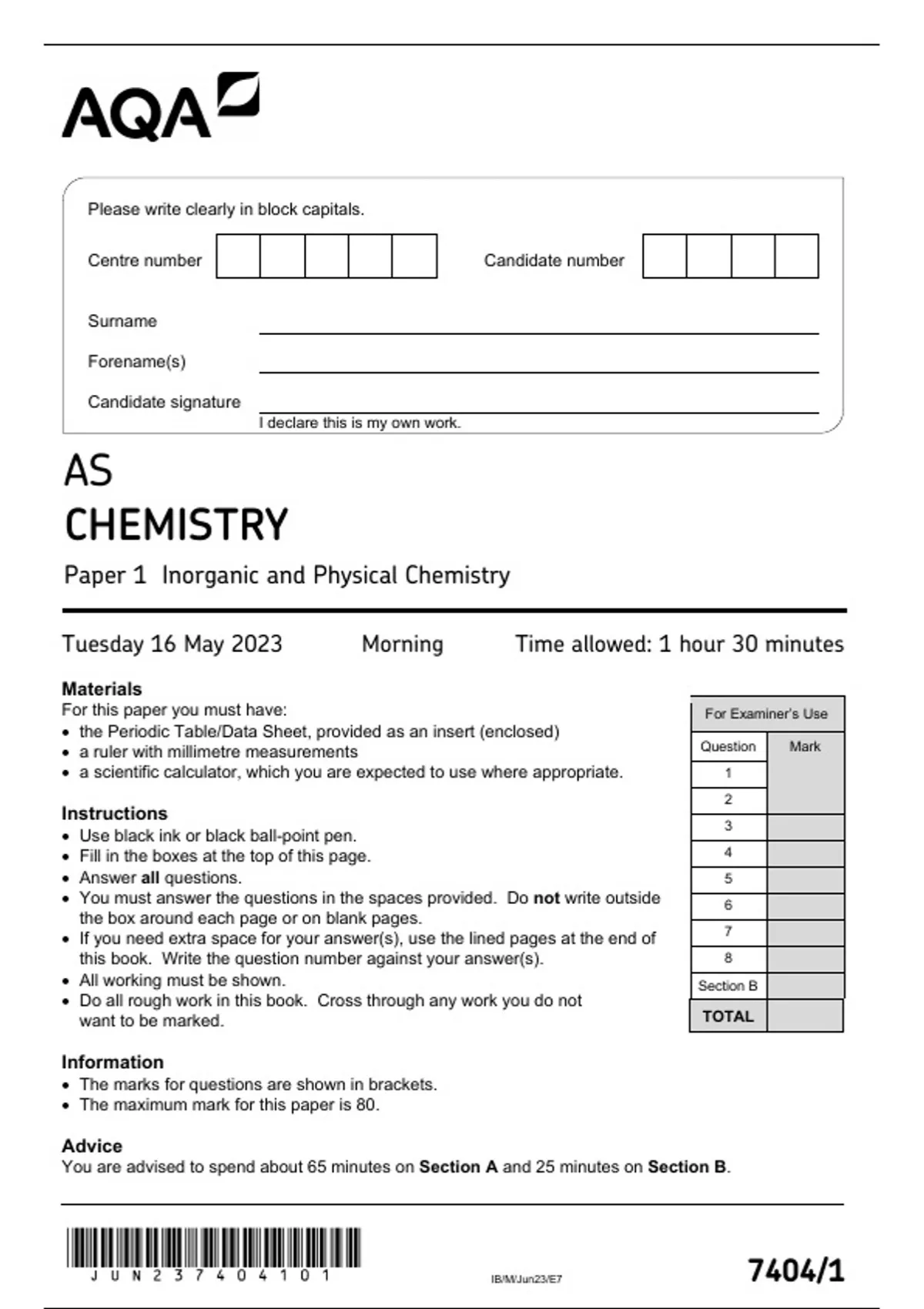 AQA AS CHEMISTRY PAPER 1 Inorganic and Physical Chemistry 2023 QUESTION ...