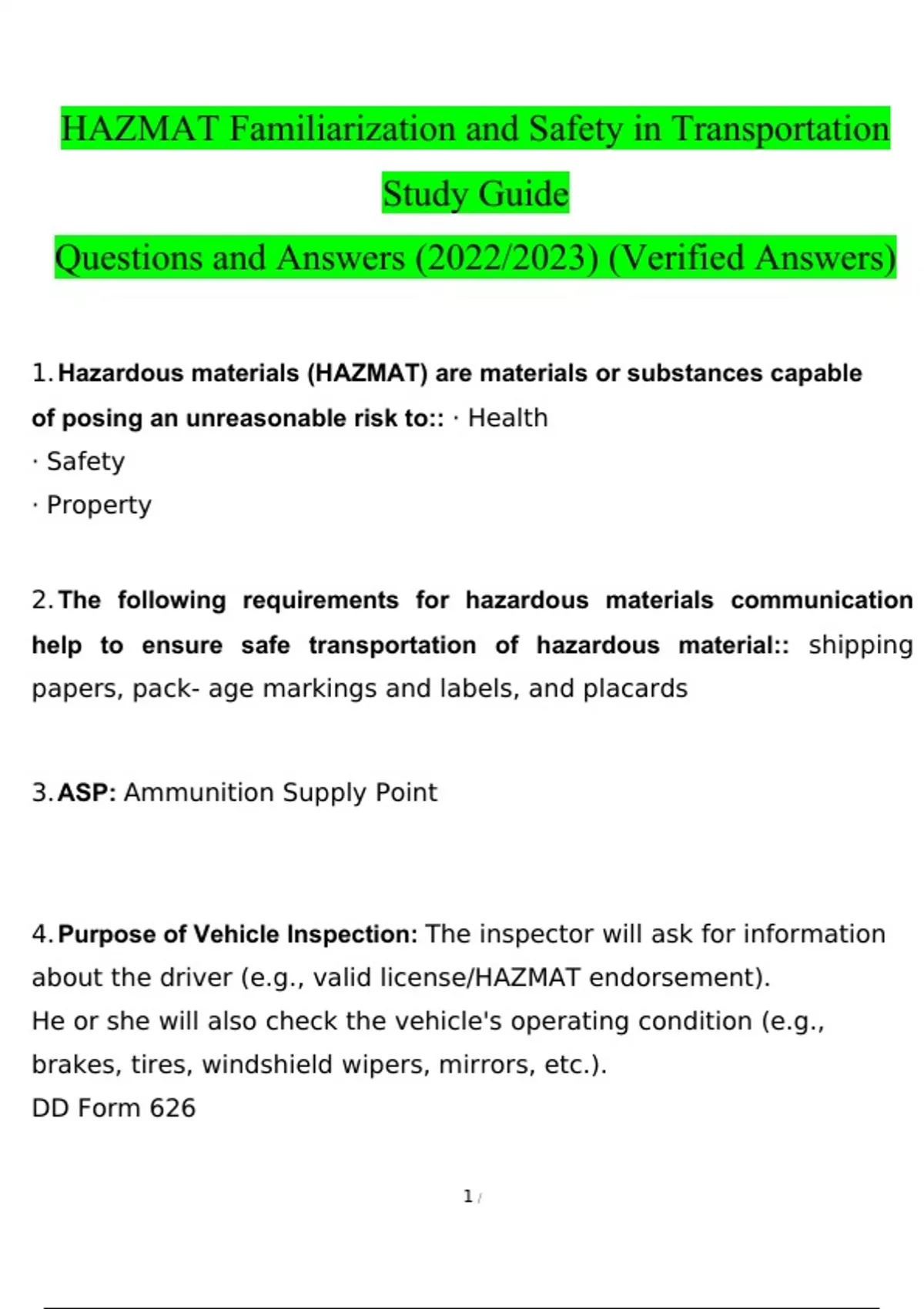 HAZMAT Familiarization and Safety in Transportation 2023 questions and ...