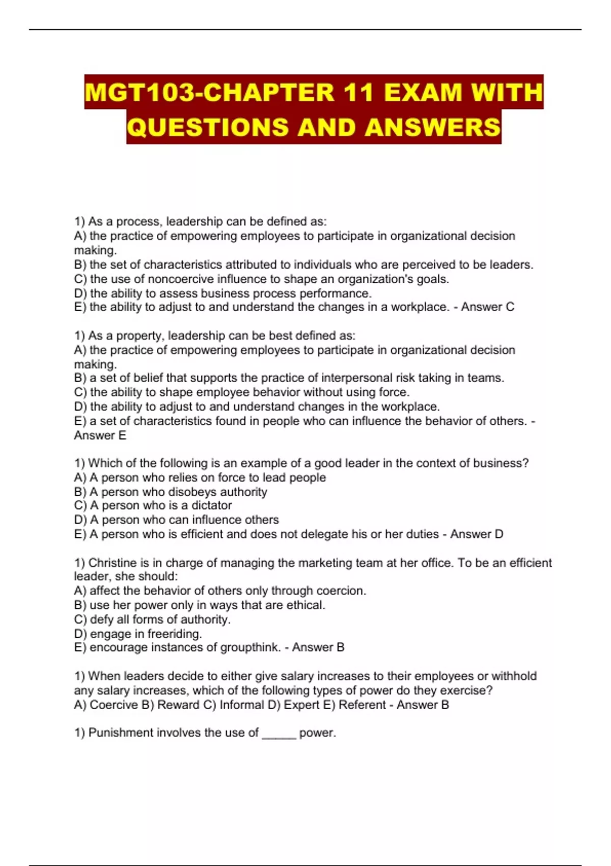 MGT103-CHAPTER 11 EXAM WITH QUESTIONS AND ANSWERS - MGT103-CHAPTER 11 ...