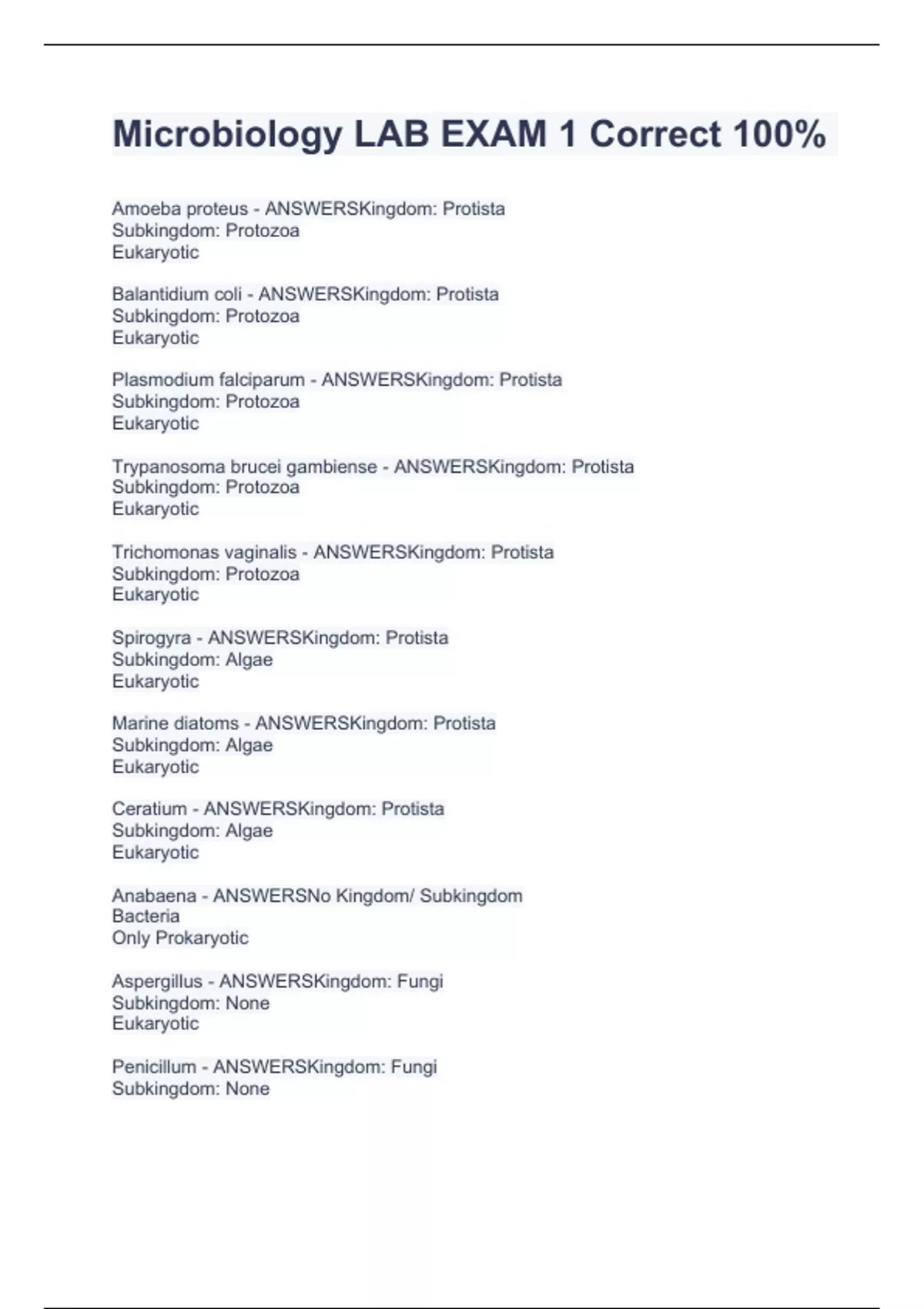 Microbiology LAB EXAM 1 Correct 100% - Microbiology LAB - Stuvia US
