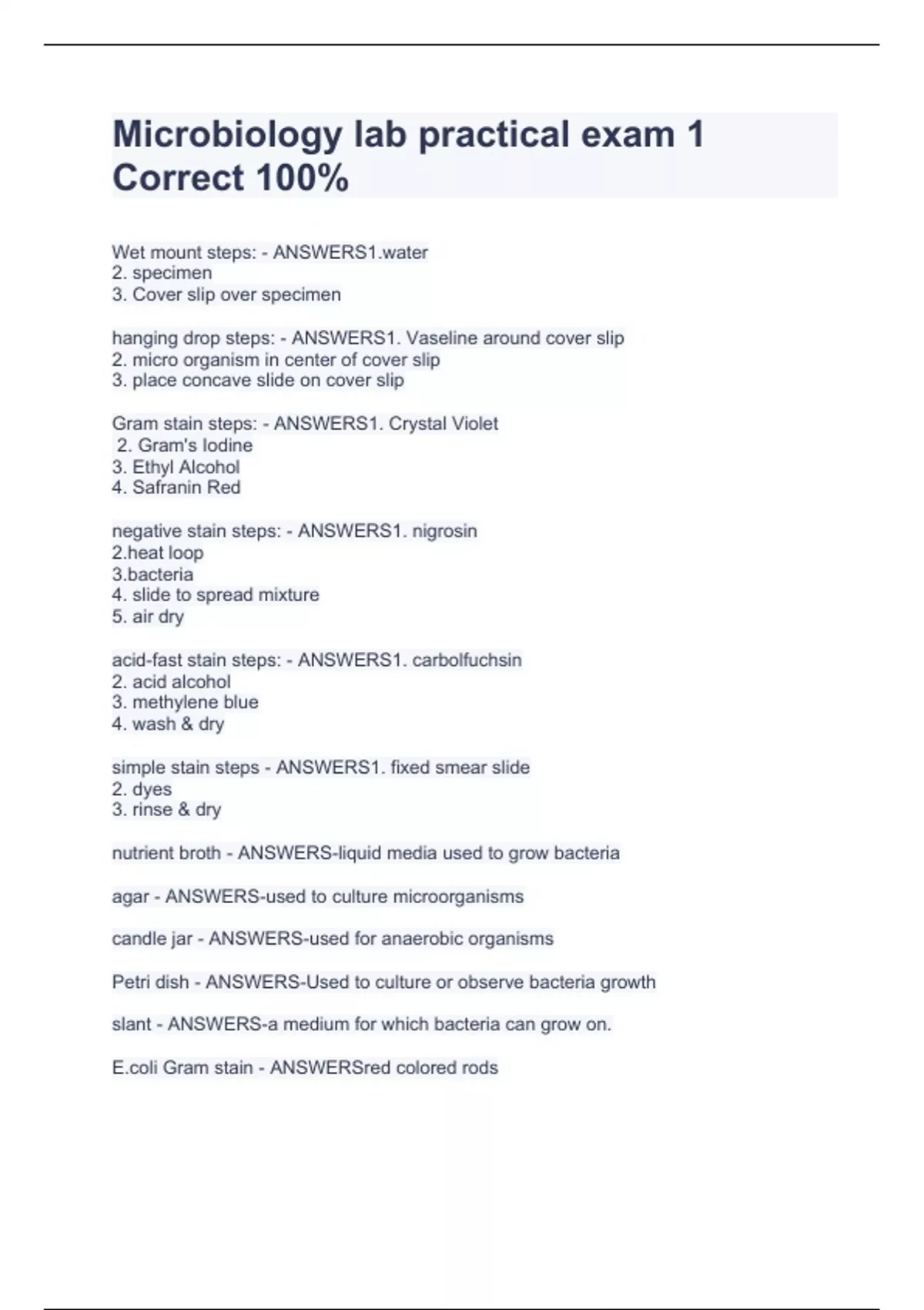 Microbiology lab practical exam 1 Correct 100% - Microbiology lab ...