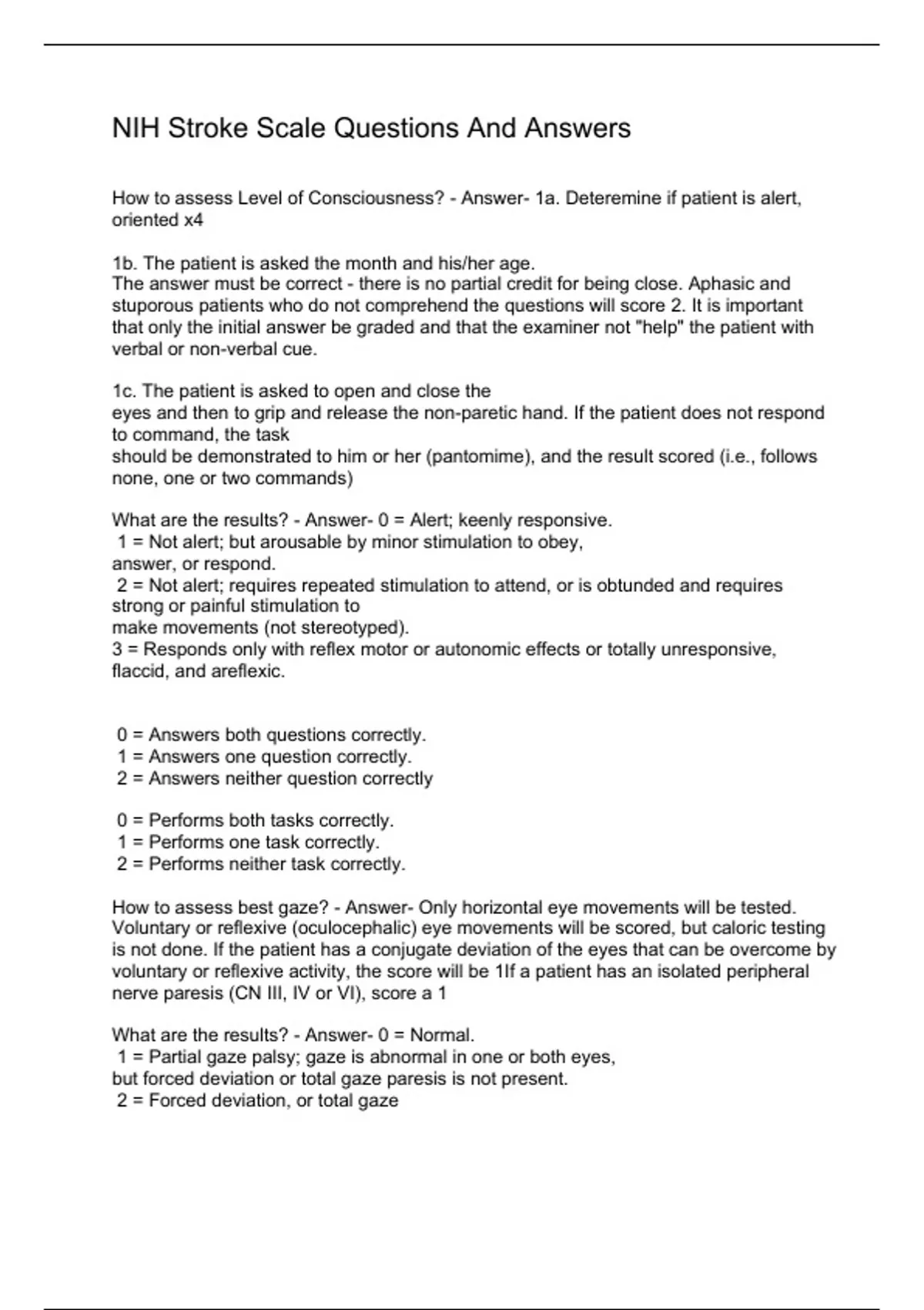 NIH Stroke Scale Questions And Answers - NIH Stroke Scale - Stuvia US