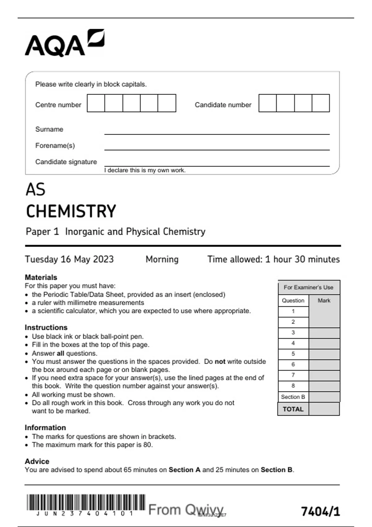AQA AS CHEMISTRY Paper 1 Inorganic and Physical Chemistry - 2023 ...