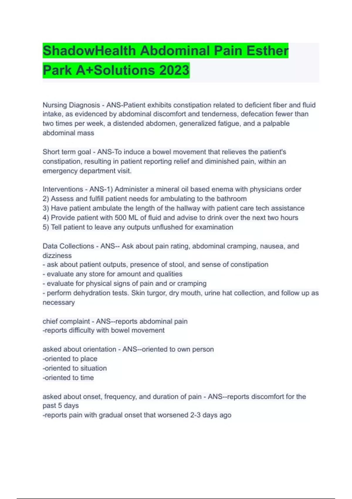 ShadowHealth Abdominal Pain Esther Park A+Solutions 2023 - ShadowHealth ...