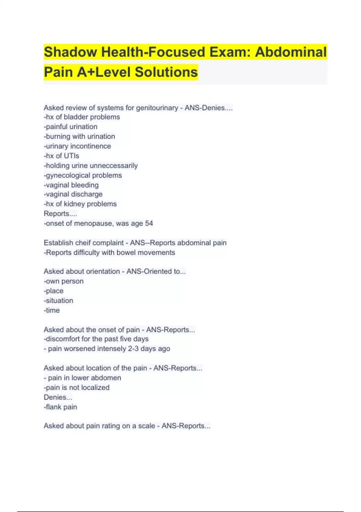 Shadow Health-Focused Exam: Abdominal Pain A+Level Solutions - Shadow ...