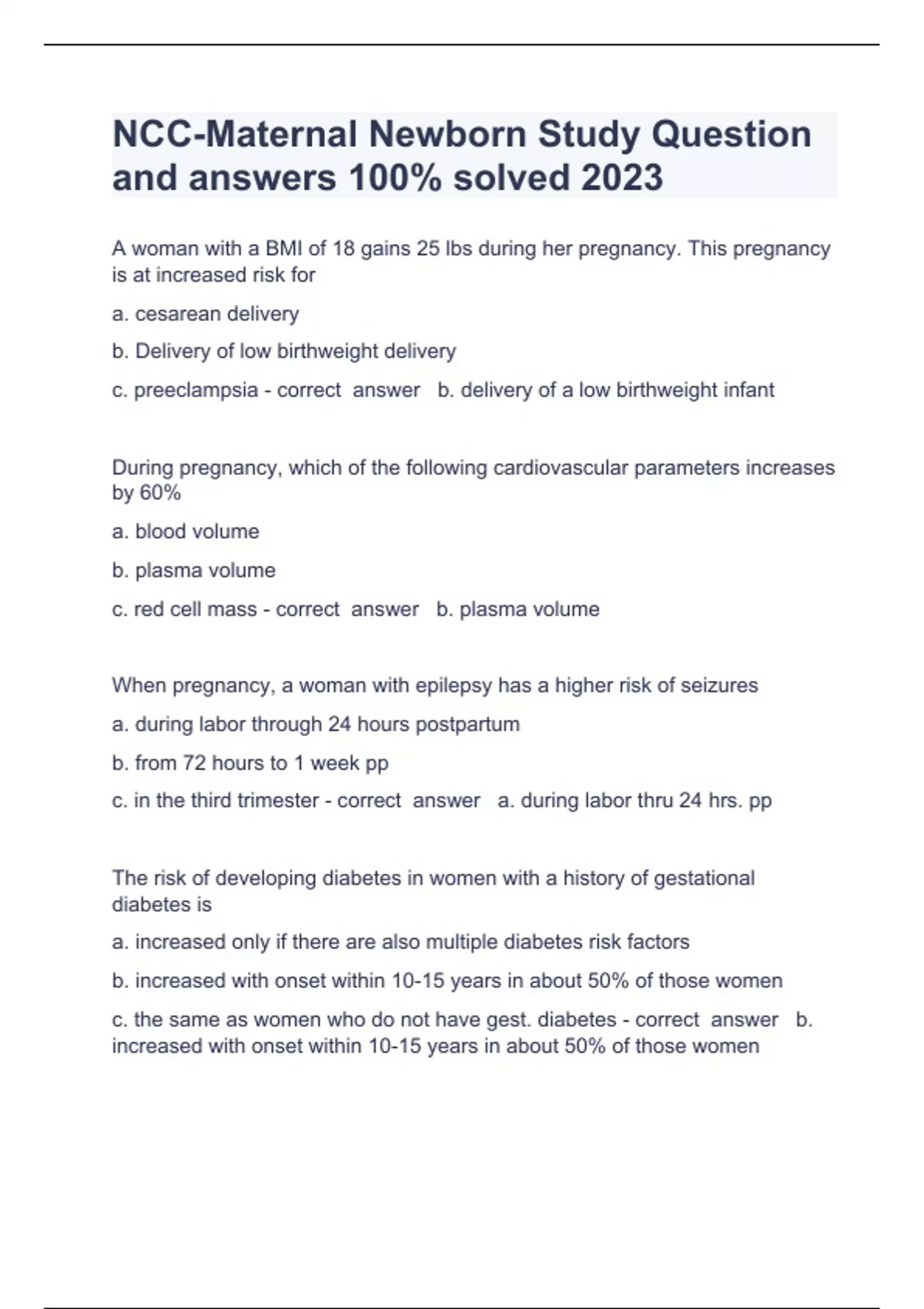 NCC-Maternal Newborn Study Question and answers 100% solved 2023 - NCC ...