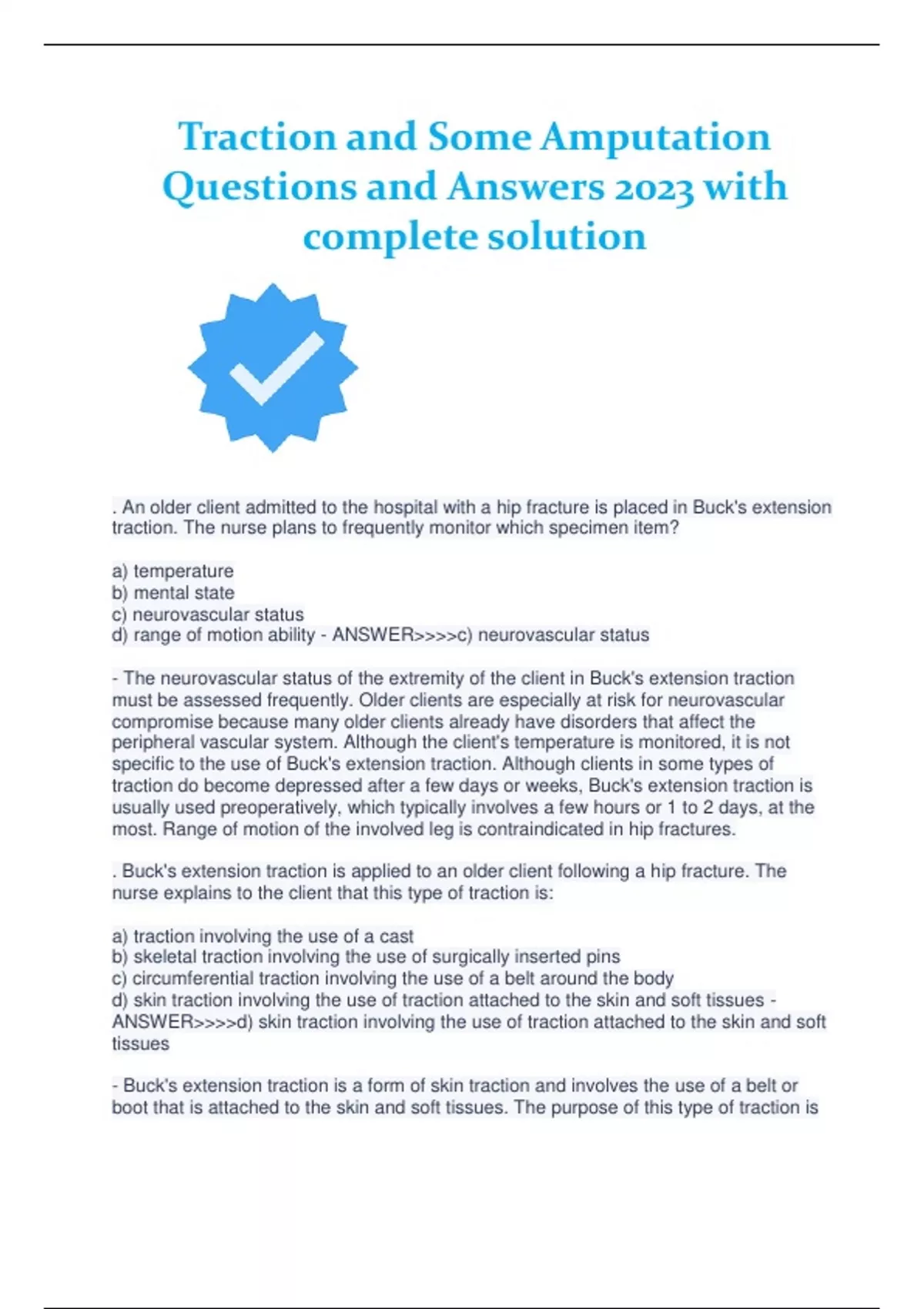 Traction and Some Amputation Questions and Answers 2023 with complete ...
