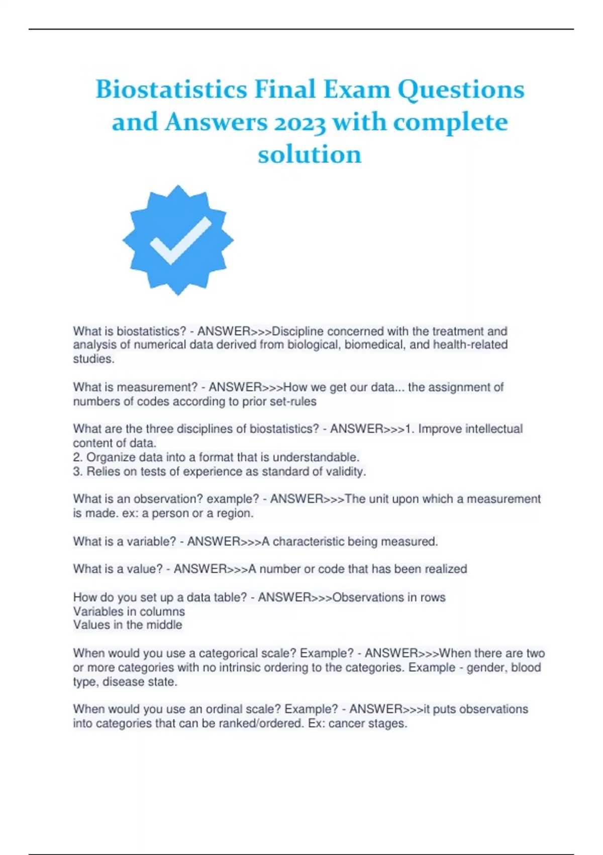 Biostatistics Final Exam Questions and Answers 2023 with complete solution - Biostatistics ...