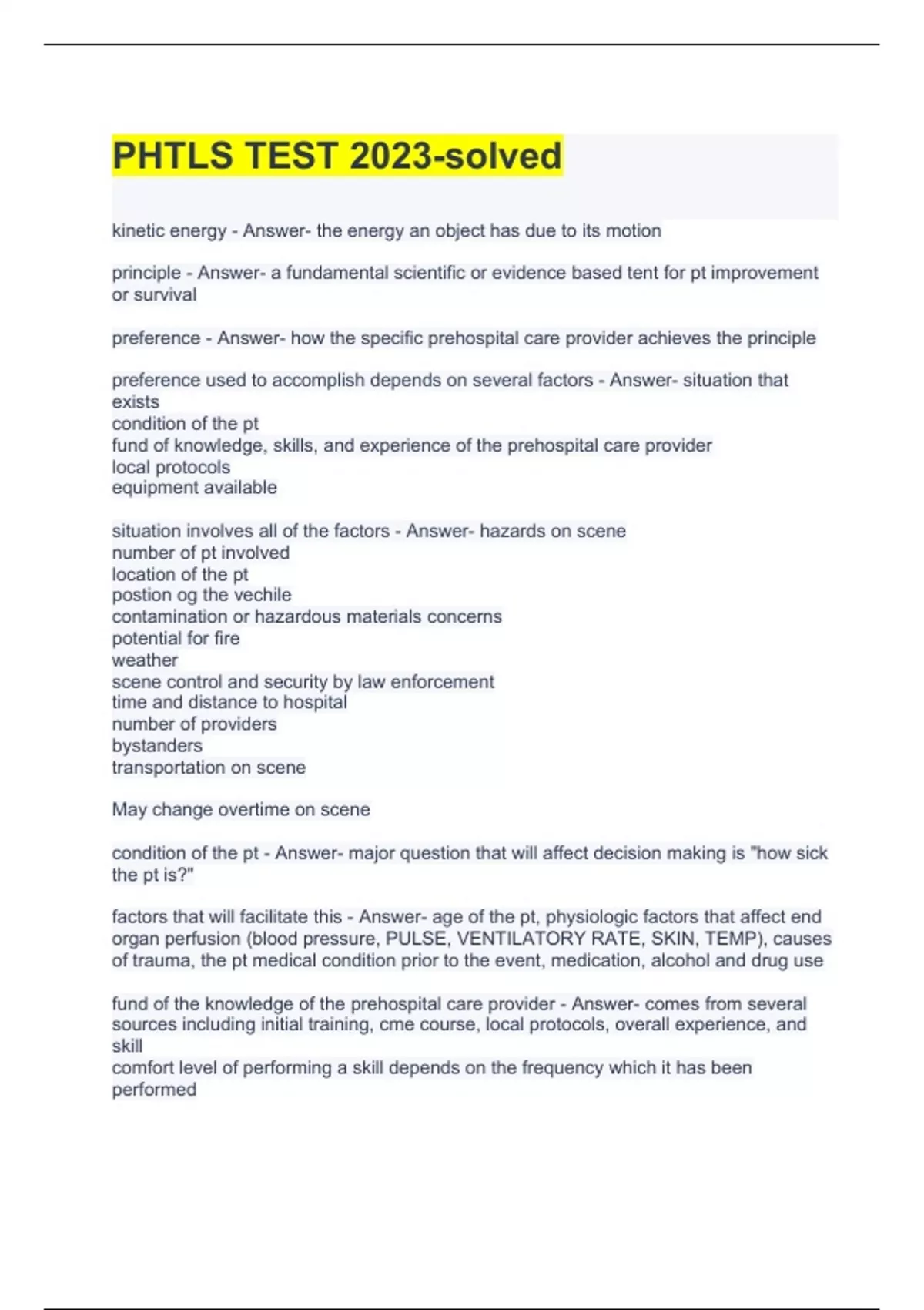 PHTLS TEST 2023-solved - PHTLS - Stuvia US