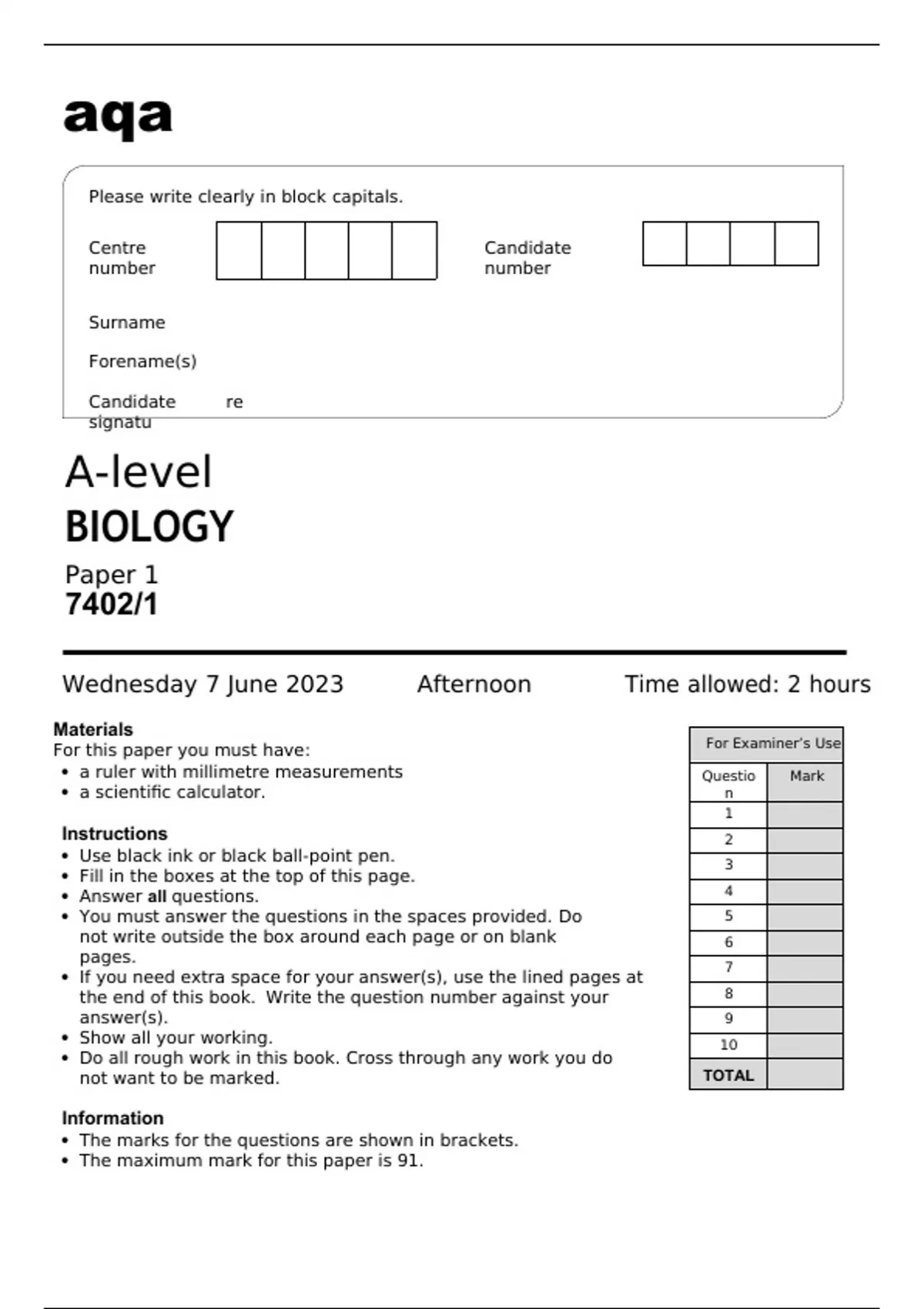 Aqa A level BIOLOGY Paper 1 7402 1 June 2023 Question Paper A level