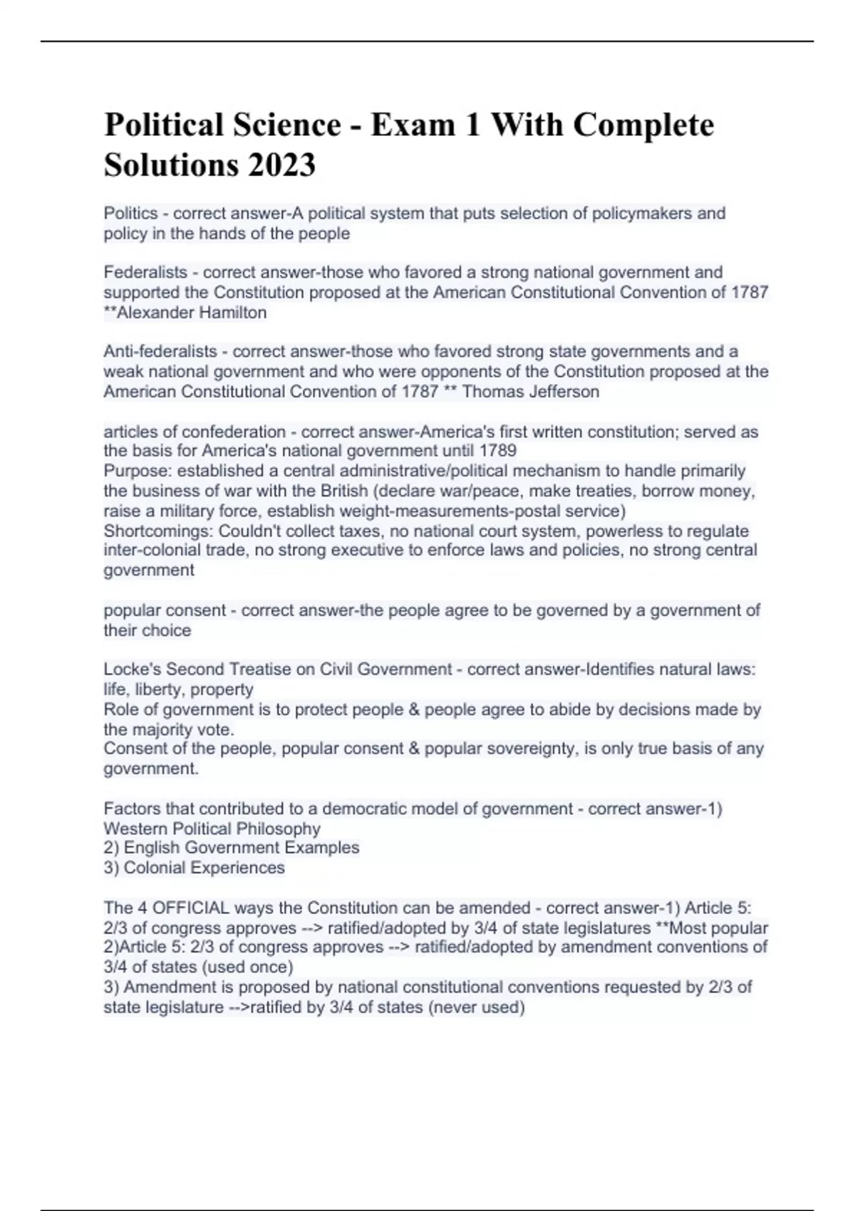 Political Science - Exam 1 With Complete Solutions 2023 - Political ...