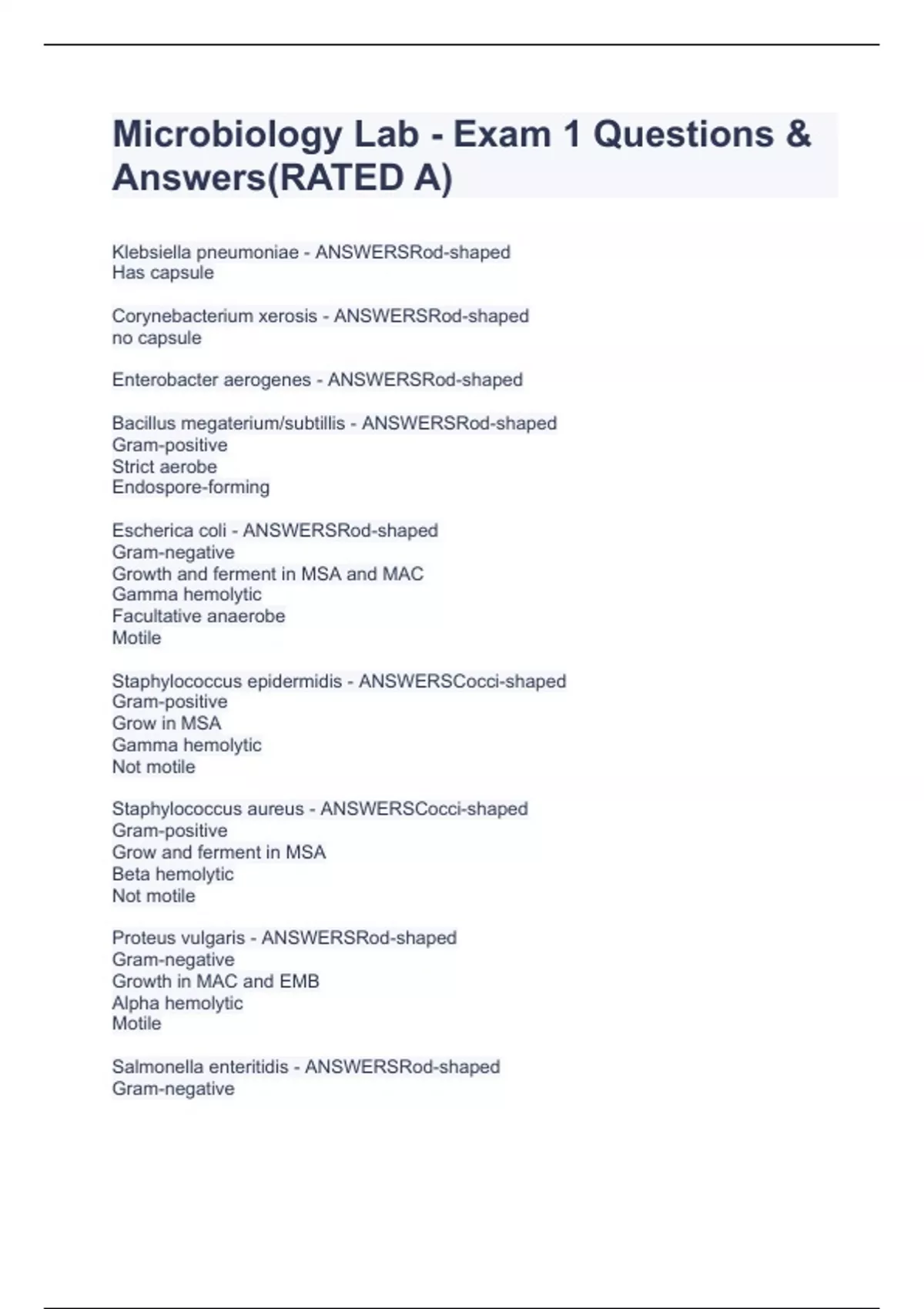 Microbiology Lab - Exam 1 Questions & Answers(RATED A) - Microbiology ...