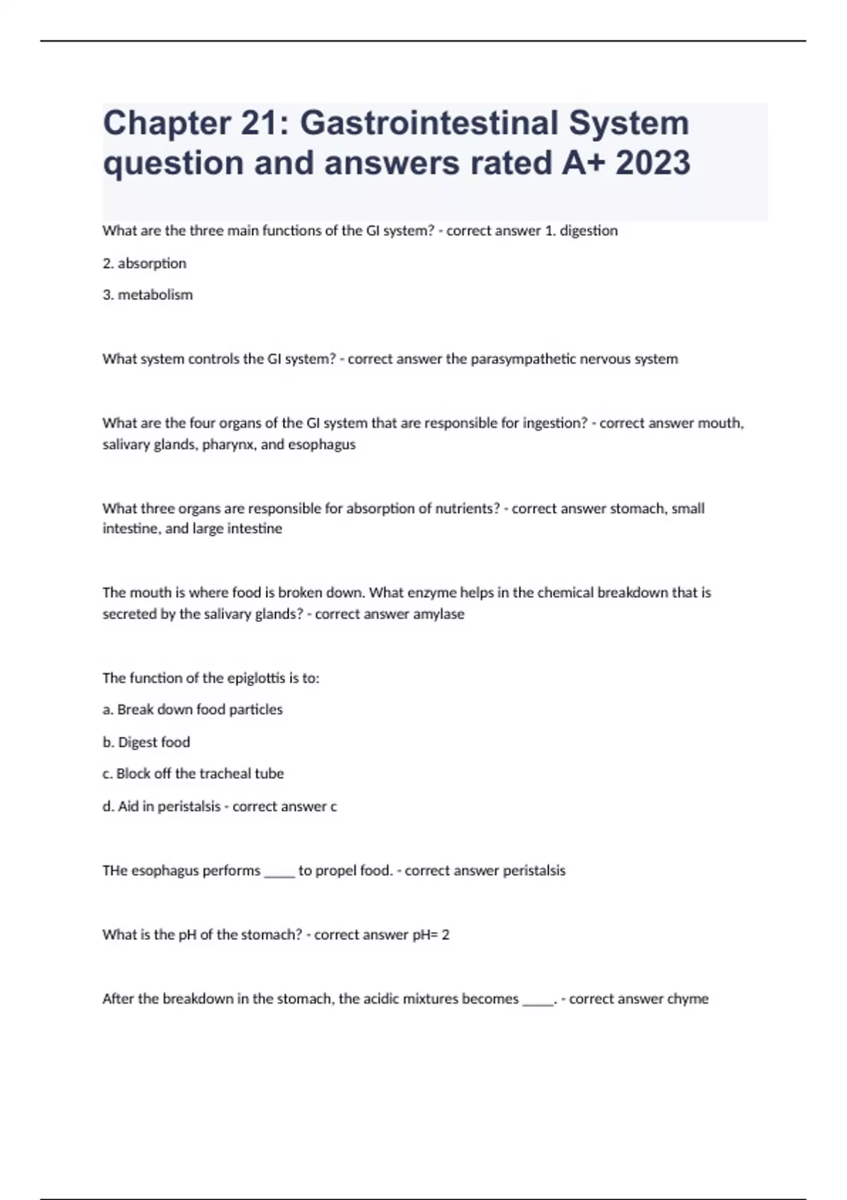 Chapter 21: Gastrointestinal System question and answers rated A+ 2023 ...