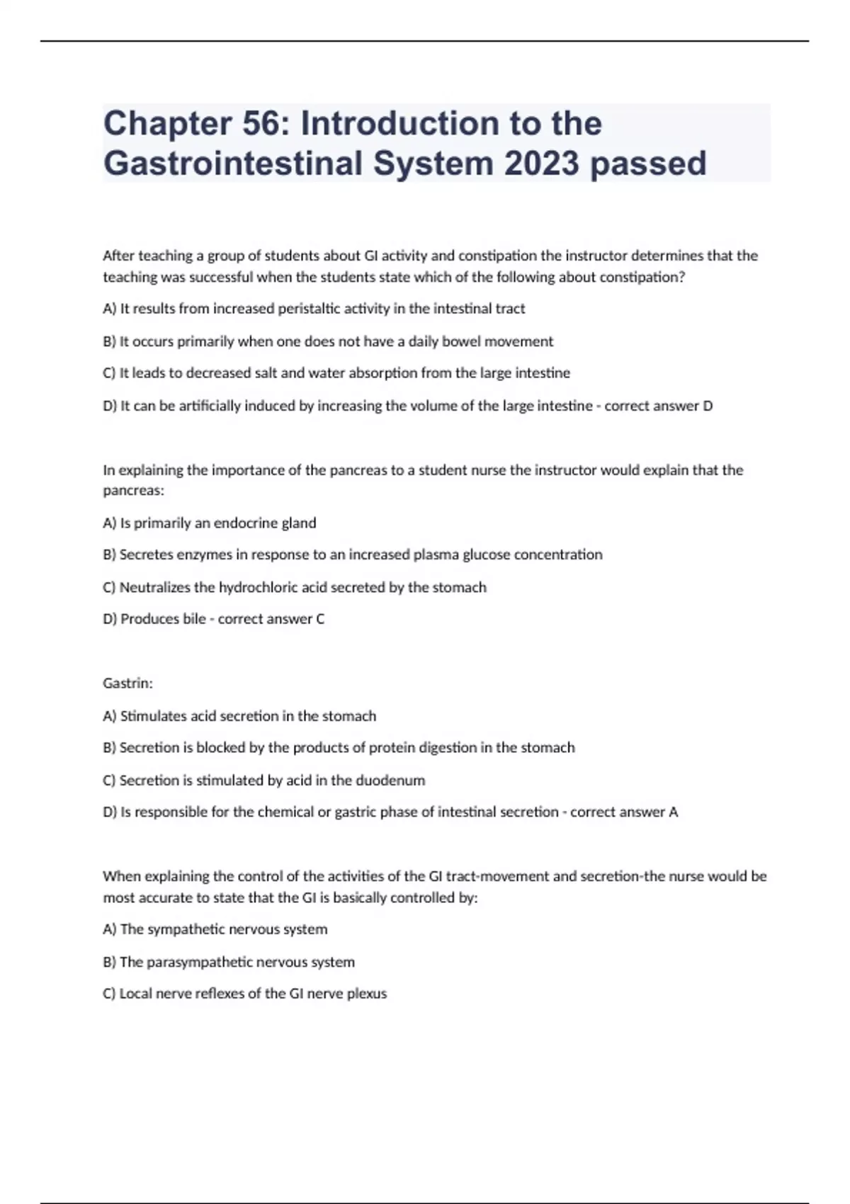 Chapter 56: Introduction to the Gastrointestinal System 2023 passed ...