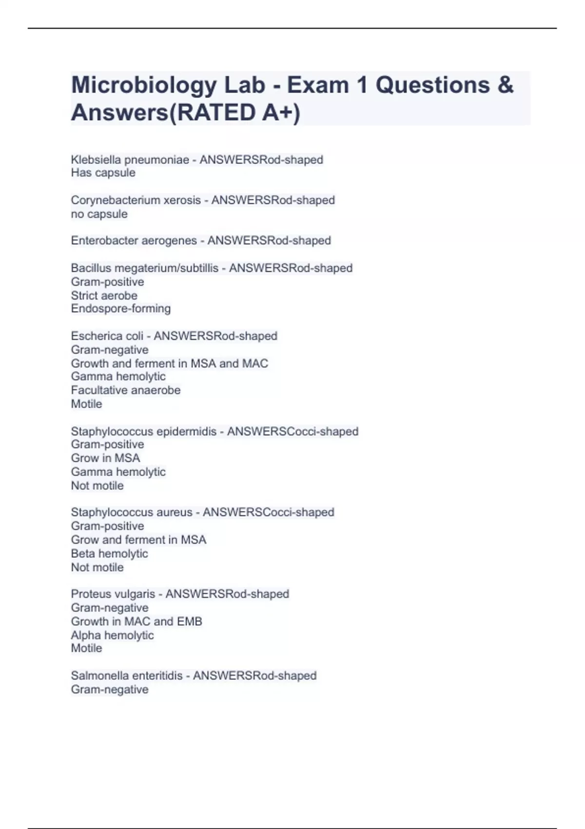 Microbiology Lab - Exam 1 Questions & Answers(RATED A+) - Microbiology Lab - Stuvia US