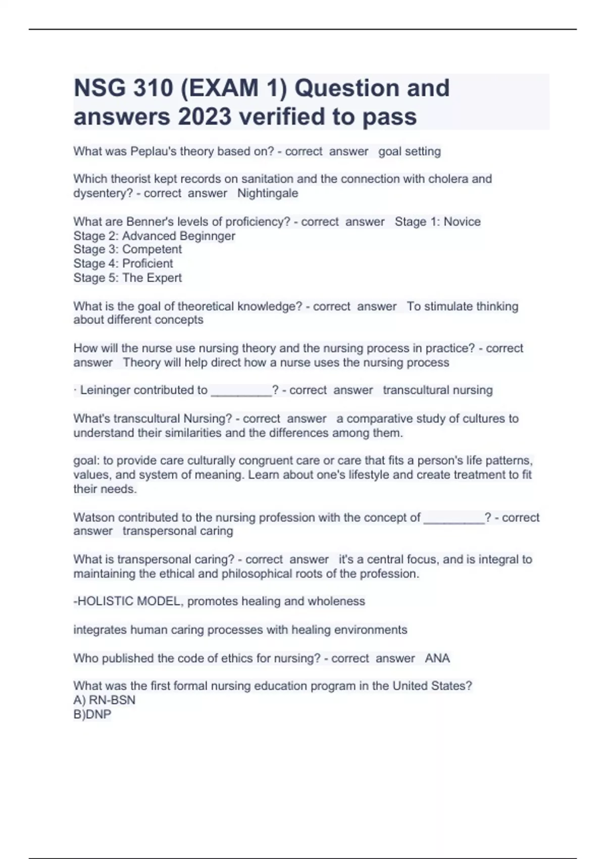 NSG 310 (EXAM 1) Question and answers 2023 verified to pass - NSG 310 ...