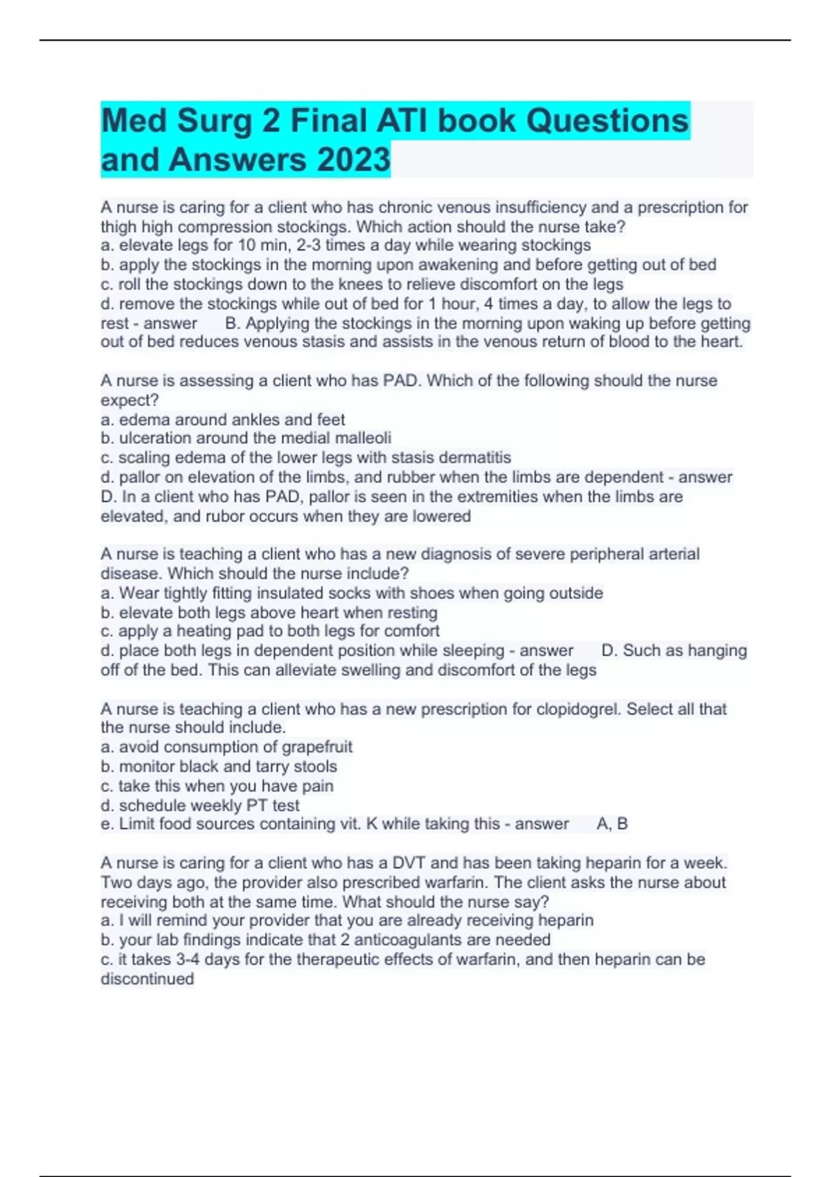 Med Surg 2 Final ATI book Questions and Answers 2023 - ATI PN med surge ...