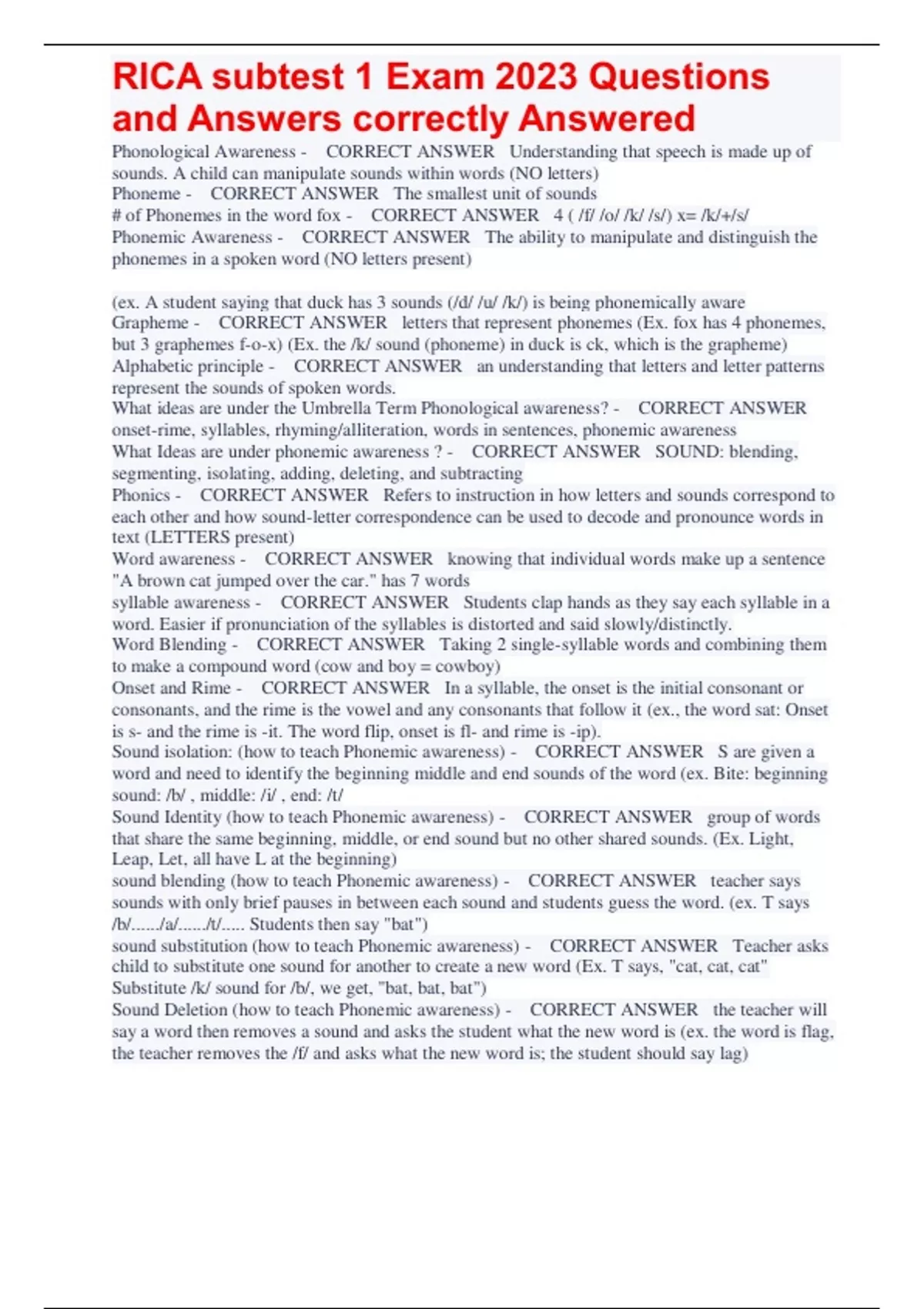 RICA subtest 1 Exam 2023 Questions and Answers correctly Answered ...