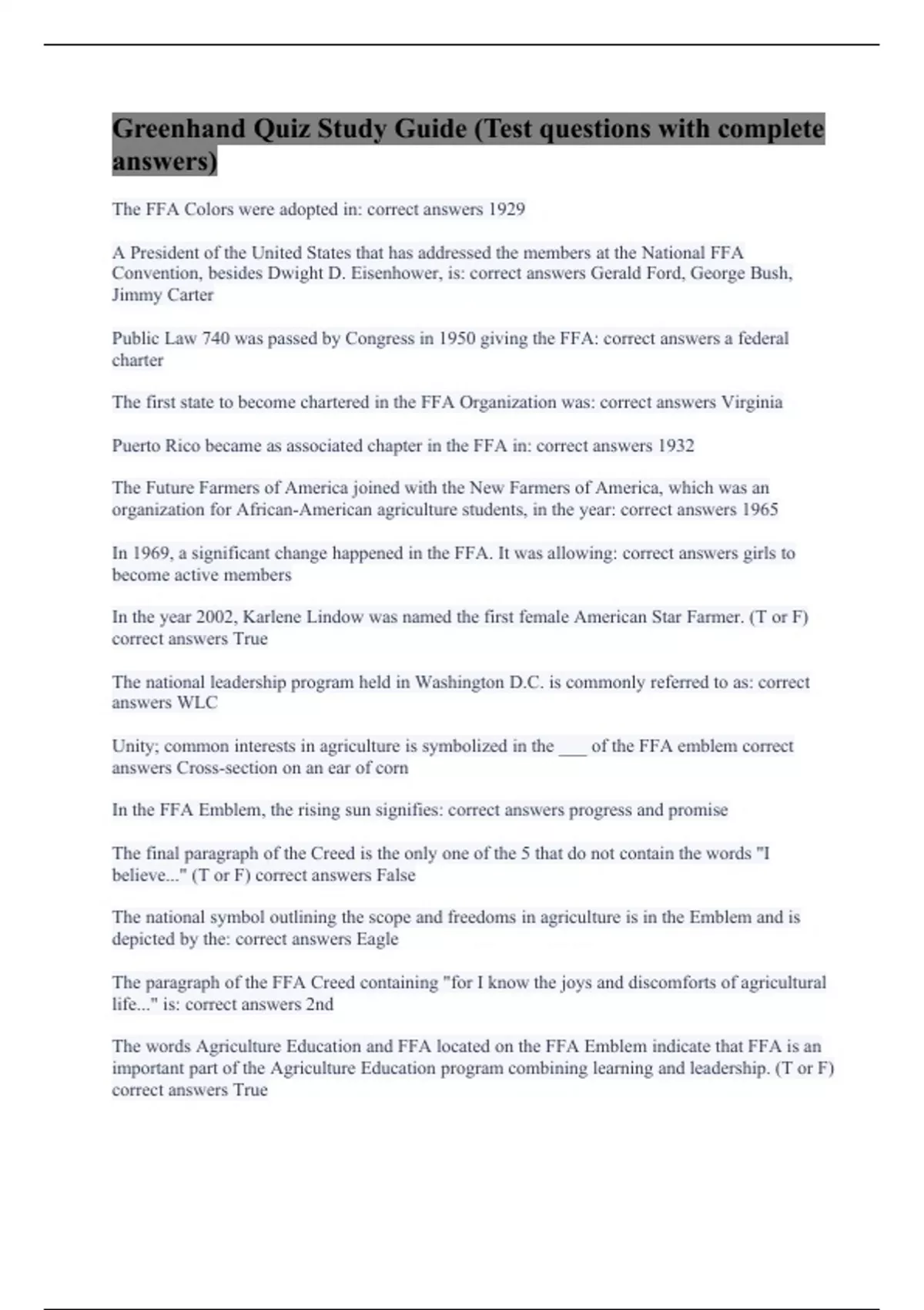 FFA Best Informed Greenhand (BIG) (Questions with error-free answers ...