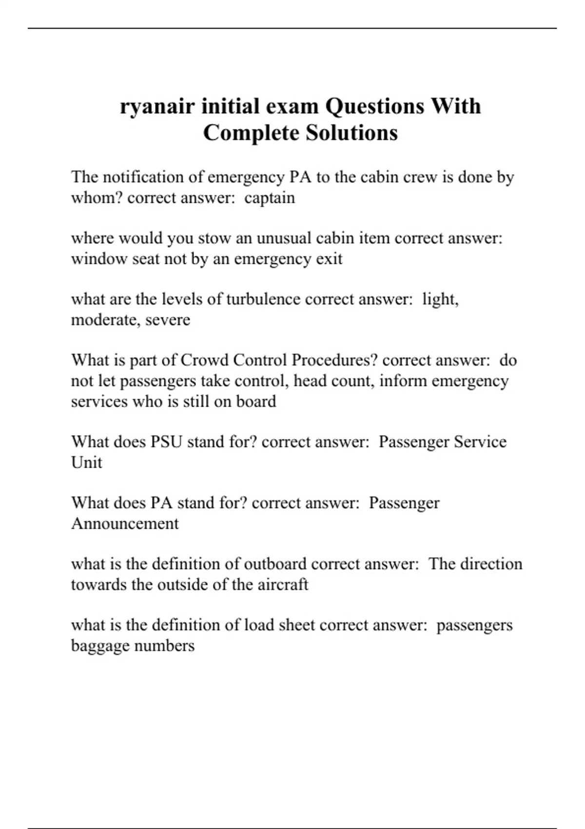 ryanair initial exam Questions With Complete Solutions - Ryanair - Stuvia US