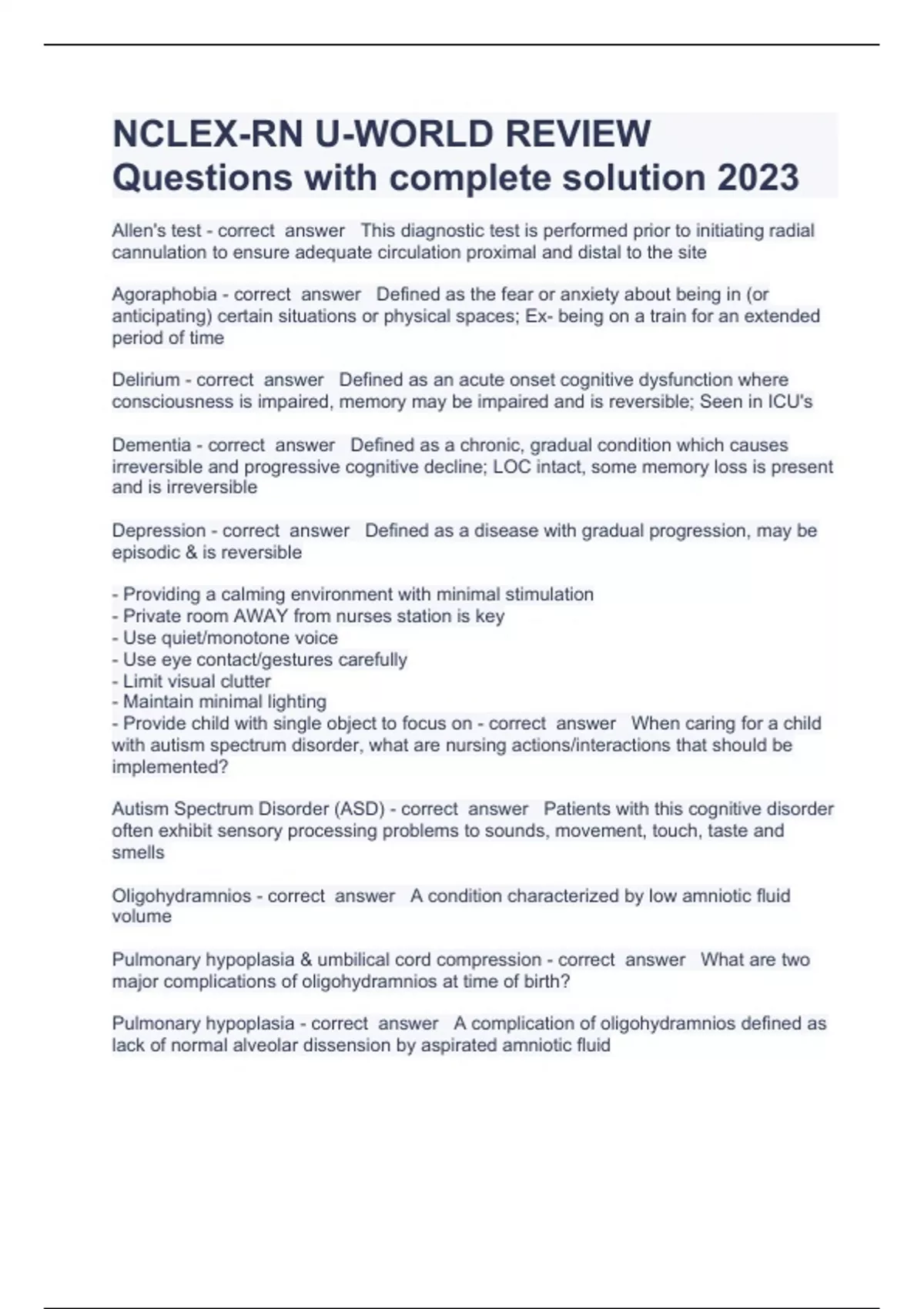 NCLEX-RN U-WORLD REVIEW Questions with complete solution 2023 - NCLEX-RN U-WORLD - Stuvia UK