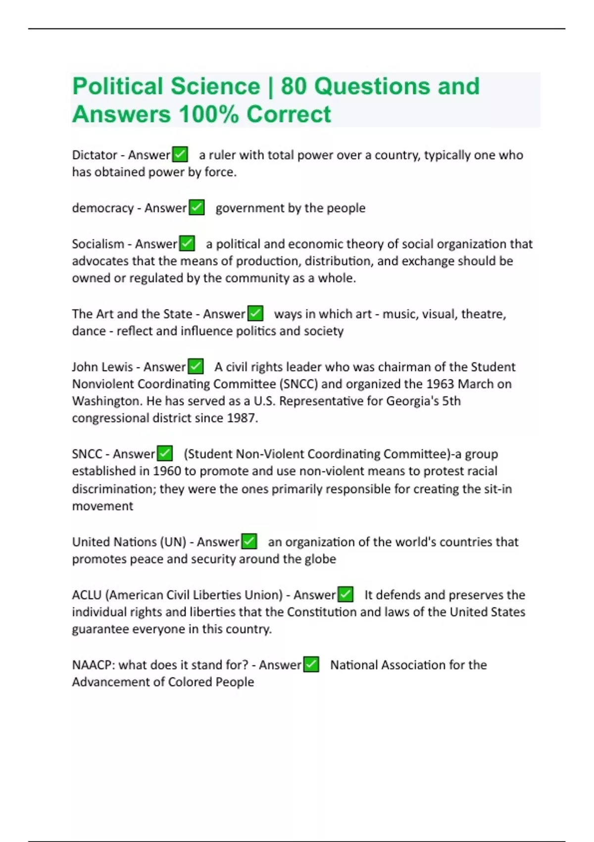 Political Science | 80 Questions and Answers 100% Correct - Political ...