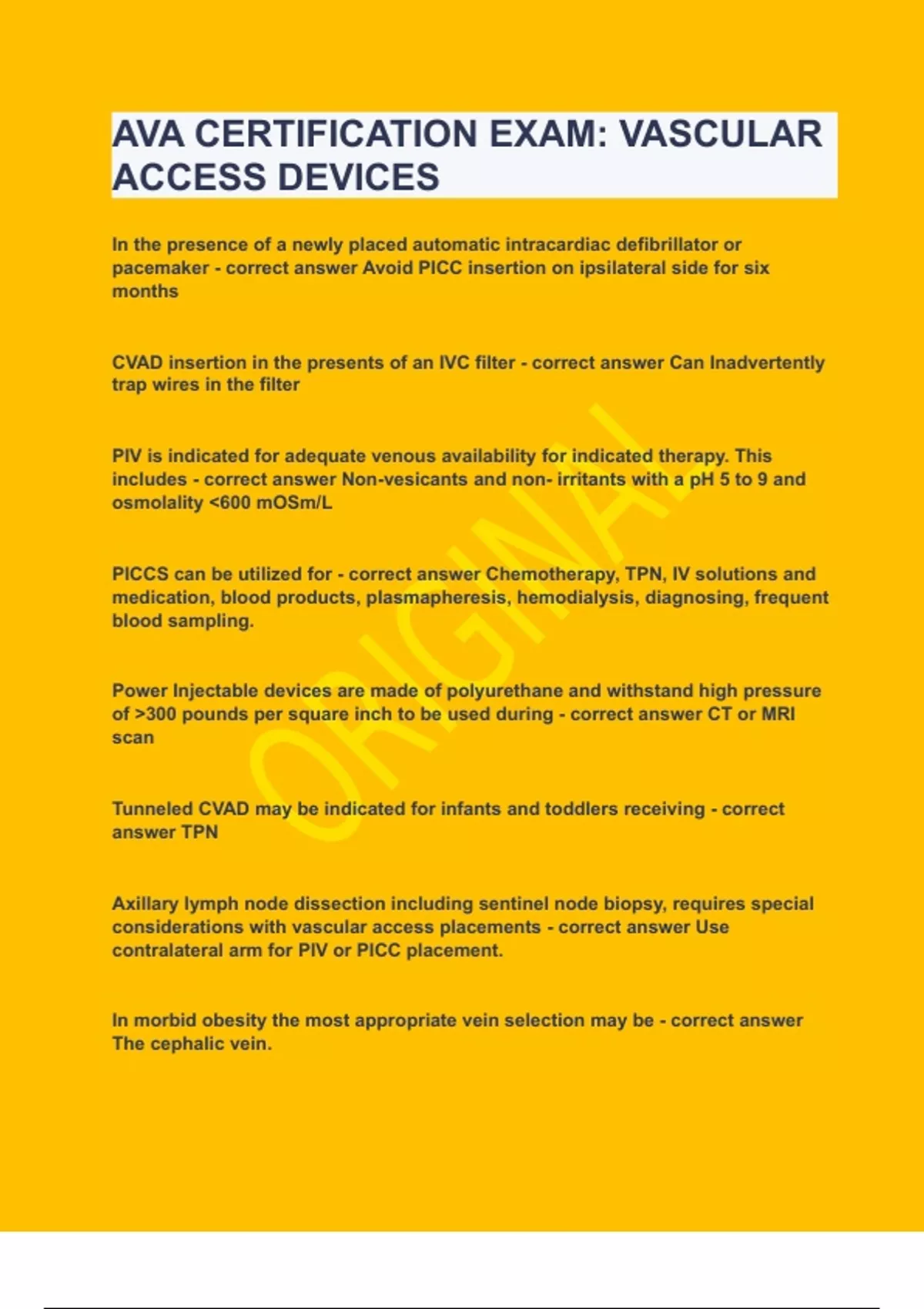 AVA CERTIFICATION VASCULAR ACCESS DEVICES - AVA CERTIFICATIO - Stuvia US