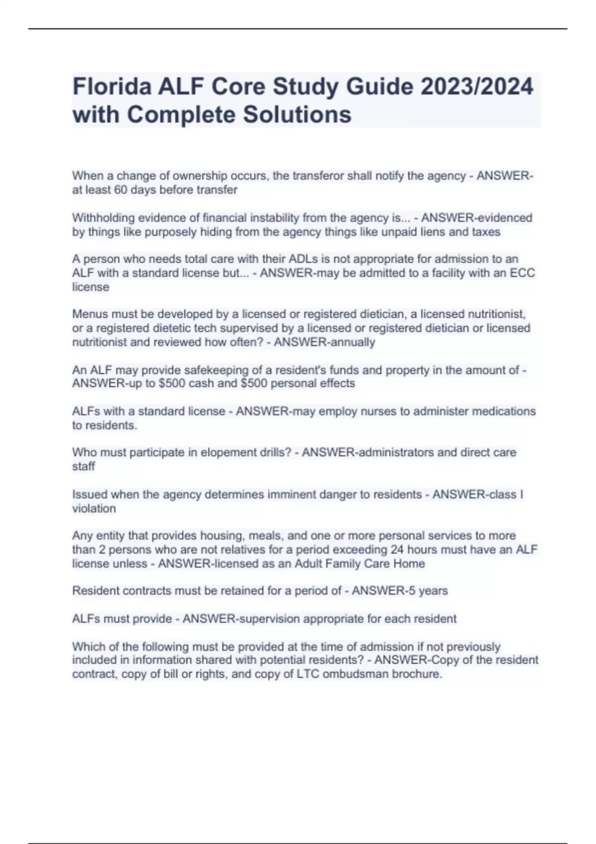 Florida ALF Core Study Guide 2023/2024 with Complete Solutions ...