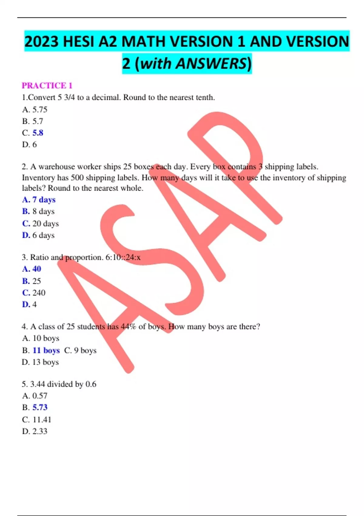 2023 HESI A2 MATH VERSION 1 AND VERSION 2 (with ANSWERS) - 2023 HESI A2 ...