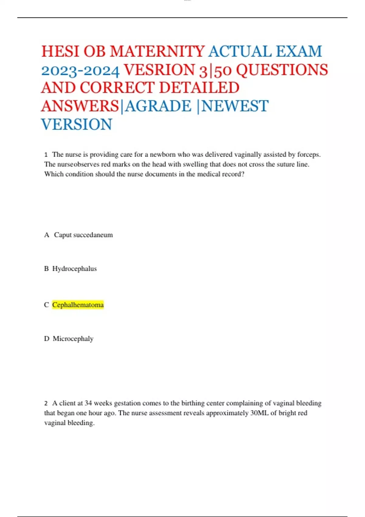 HESI OB MATERNITY ACTUAL EXAM VESRION 3|50 QUESTIONS AND CORRECT ...