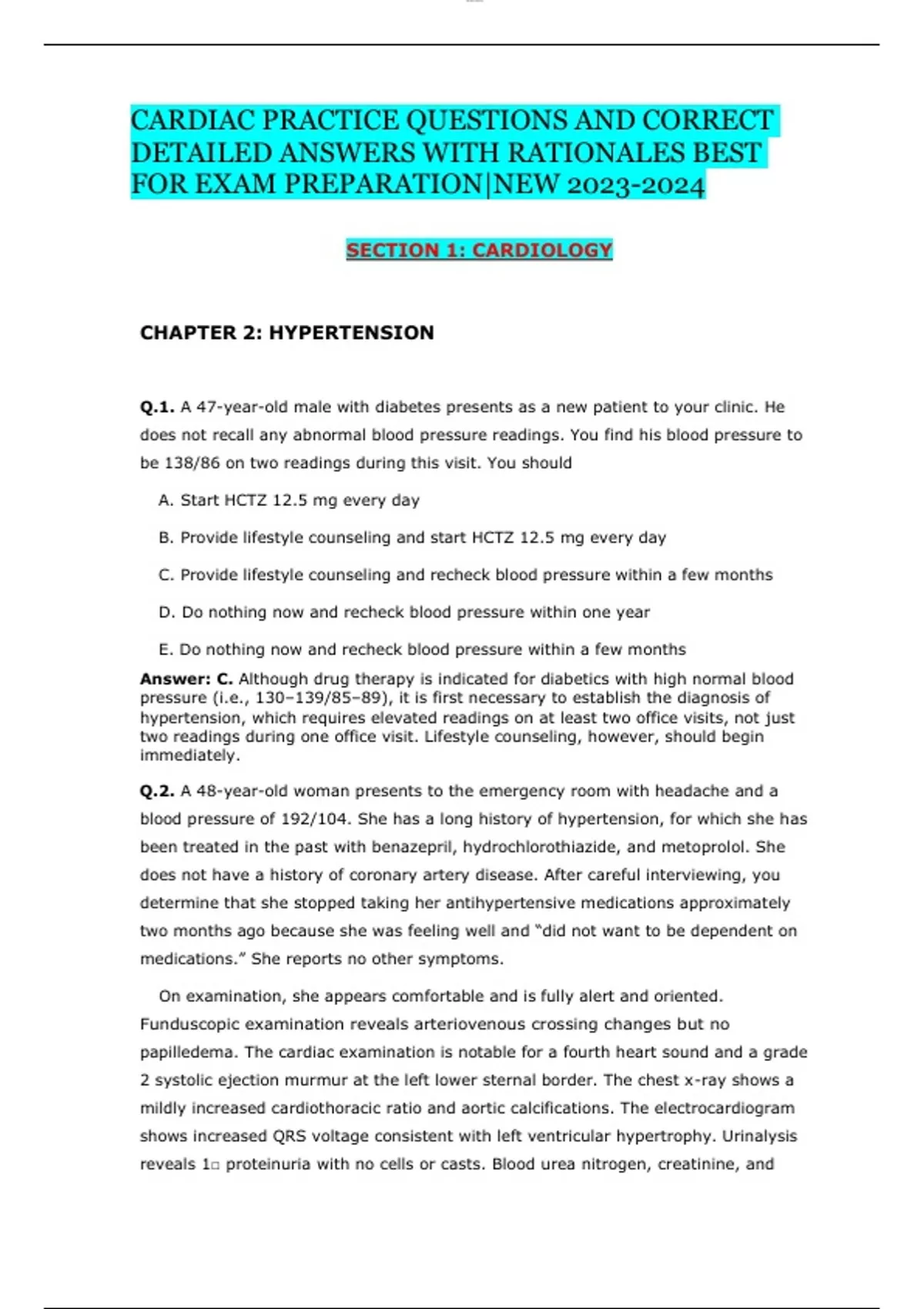 CARDIAC NCLEX PRACTICE QUESTIONS AND CORRECT DETAILED ANSWERS FOR WITH ...