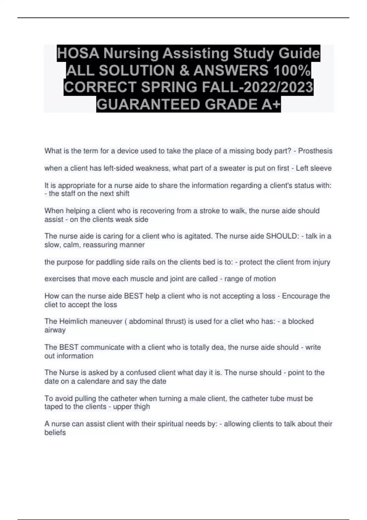 HOSA Nursing Assisting Study Guide ALL SOLUTION & ANSWERS 100% CORRECT SPRING FALL-2022/2023 ...
