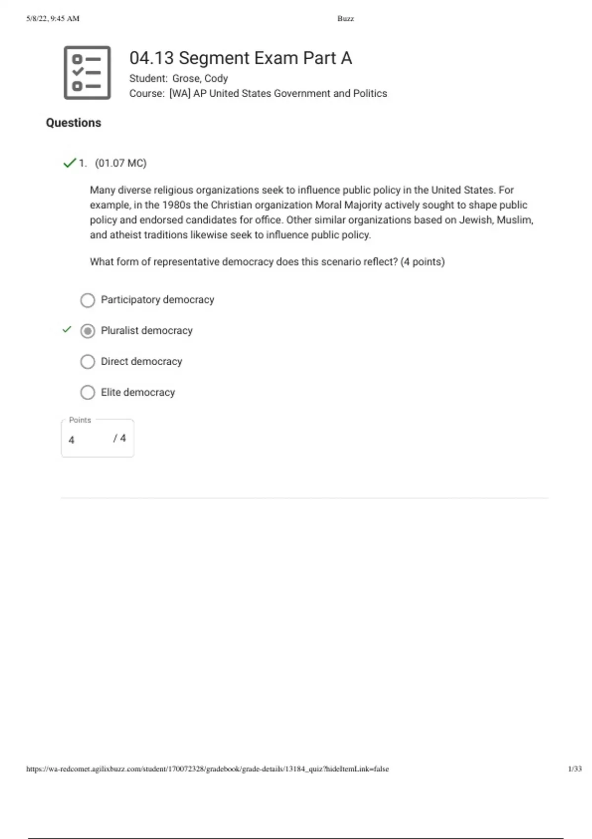 04.13 Segment Exam Part A - All Answers are Correct - POLITICS 505 ...