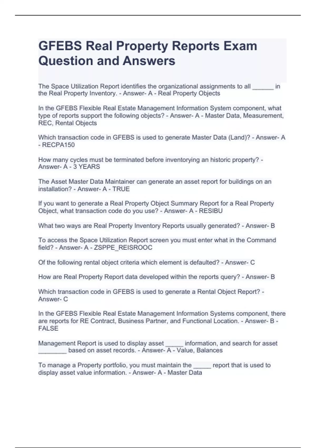 GFEBS Real Property Reports Exam Question and Answers - GFEBS - Stuvia US