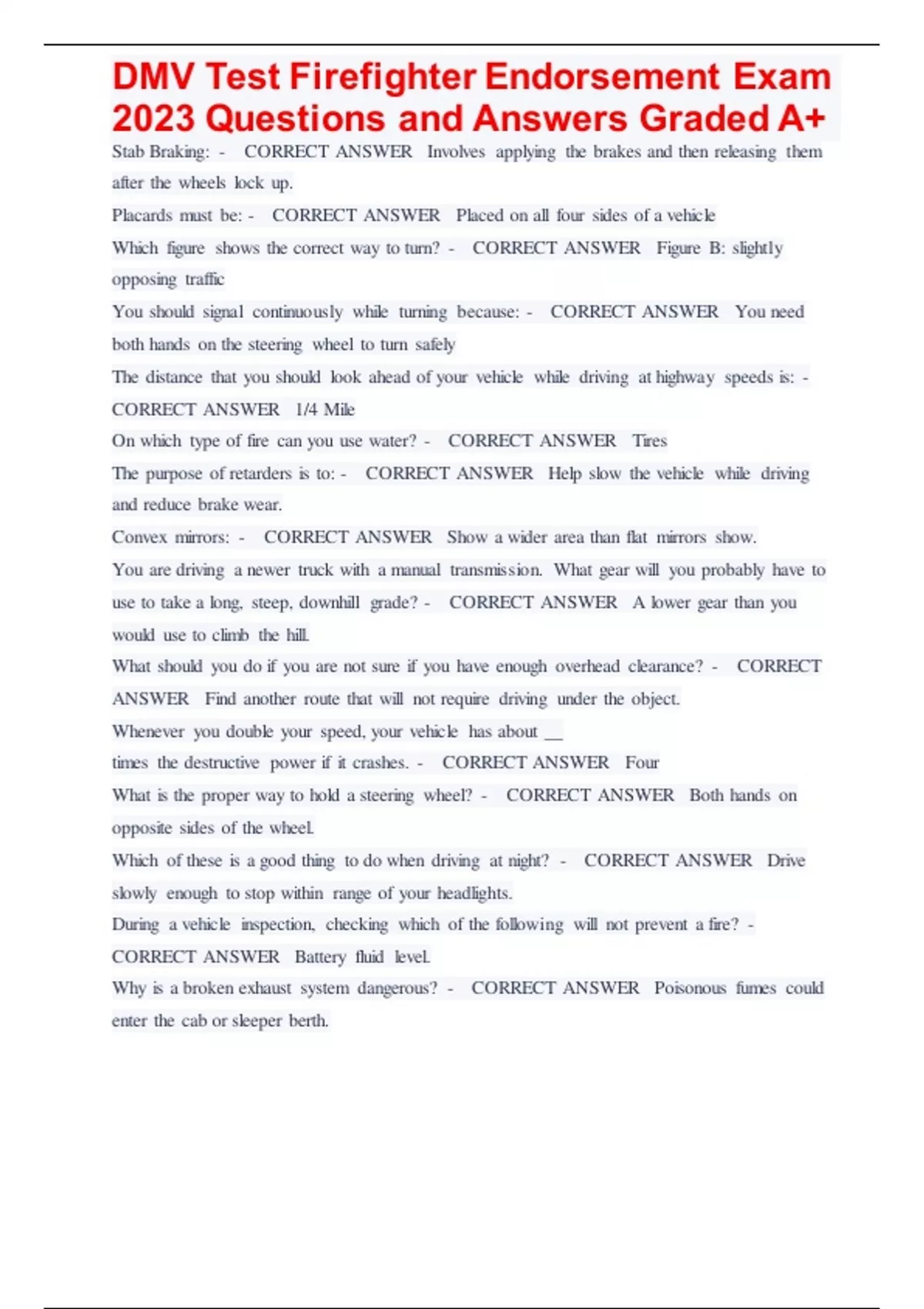 DMV Test Firefighter Endorsement Exam 2023 Questions and Answers Graded ...