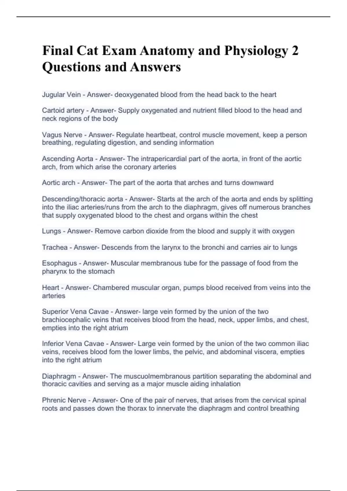 Final Cat Exam Anatomy and Physiology 2 Questions and Answers - Cat ...