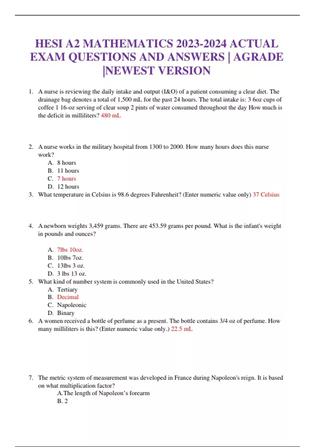 HESI A2 MATHEMATICS ACTUAL EXAM QUESTIONS AND ANSWERS | AGRADE |NEWEST ...