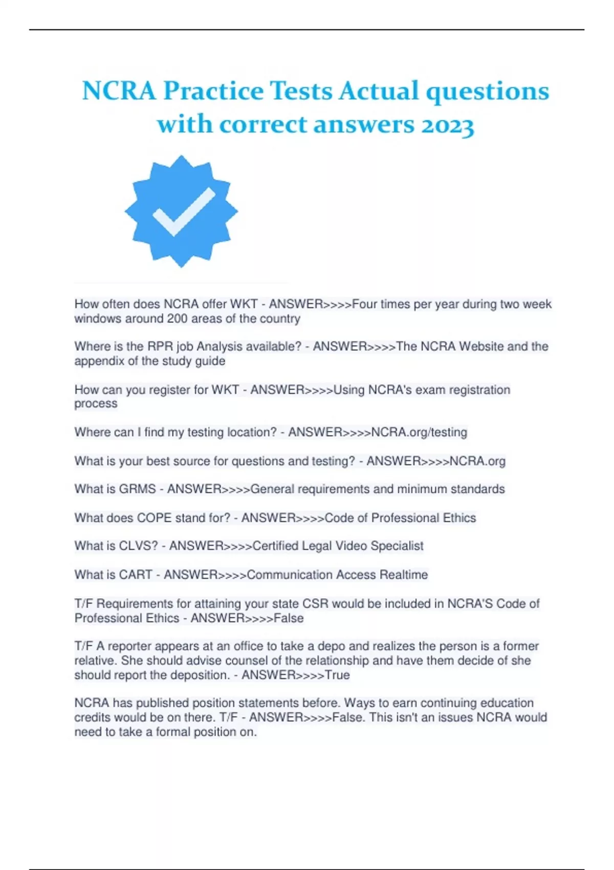 NCRA Practice Tests Actual questions with correct answers 2023 - NCRA ...