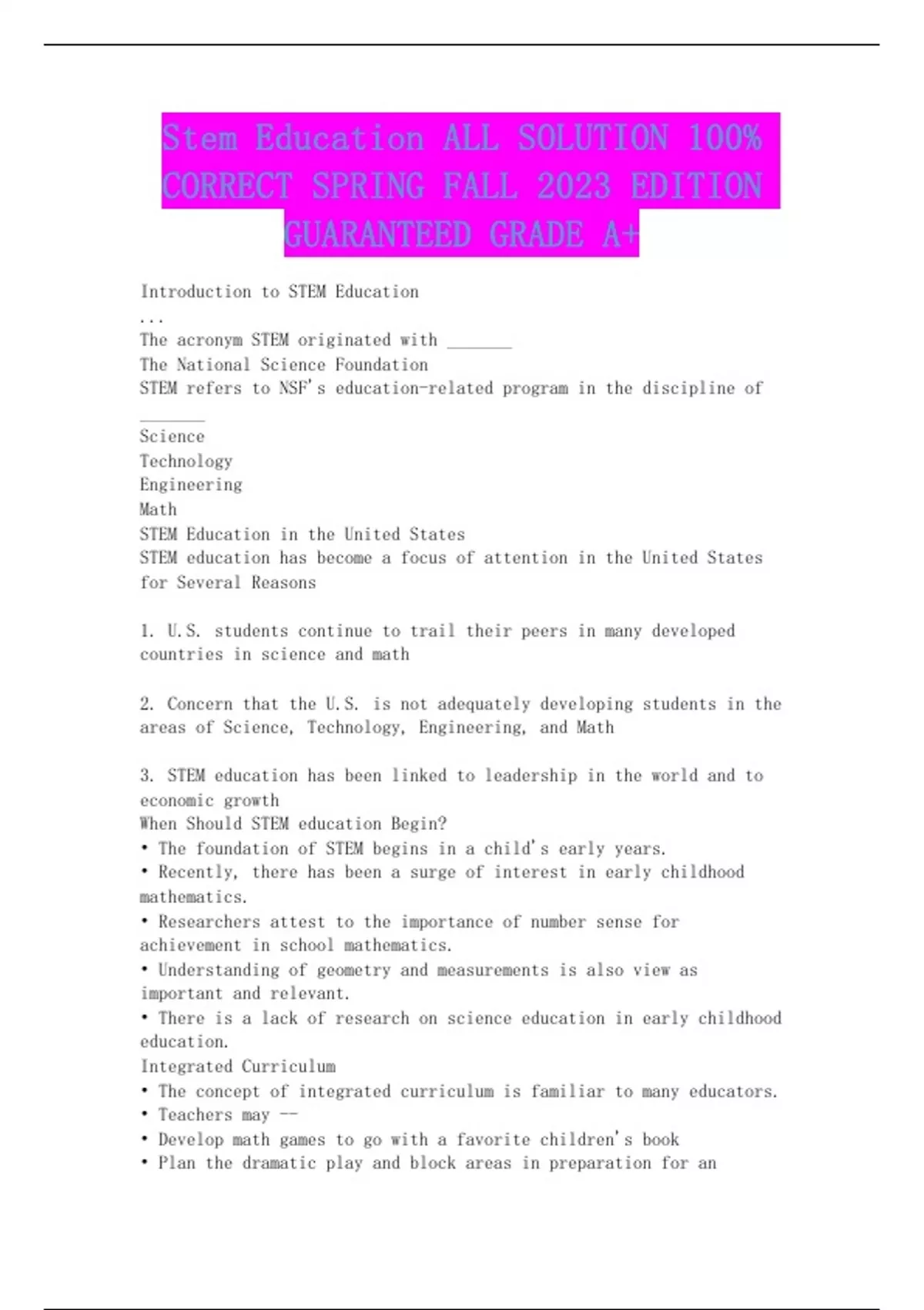 Stem Education ALL SOLUTION 100% CORRECT SPRING FALL 2023 EDITION ...