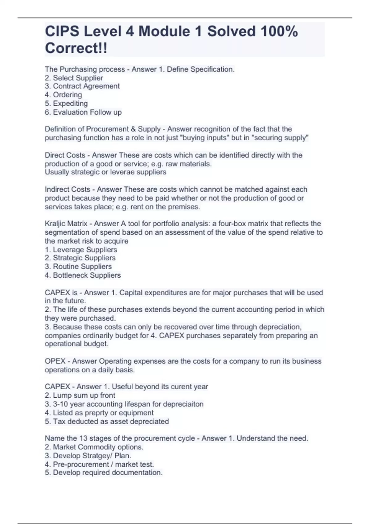 CIPS Level 4 Module 1 Solved 100% Correct!! - CIPS - Stuvia US